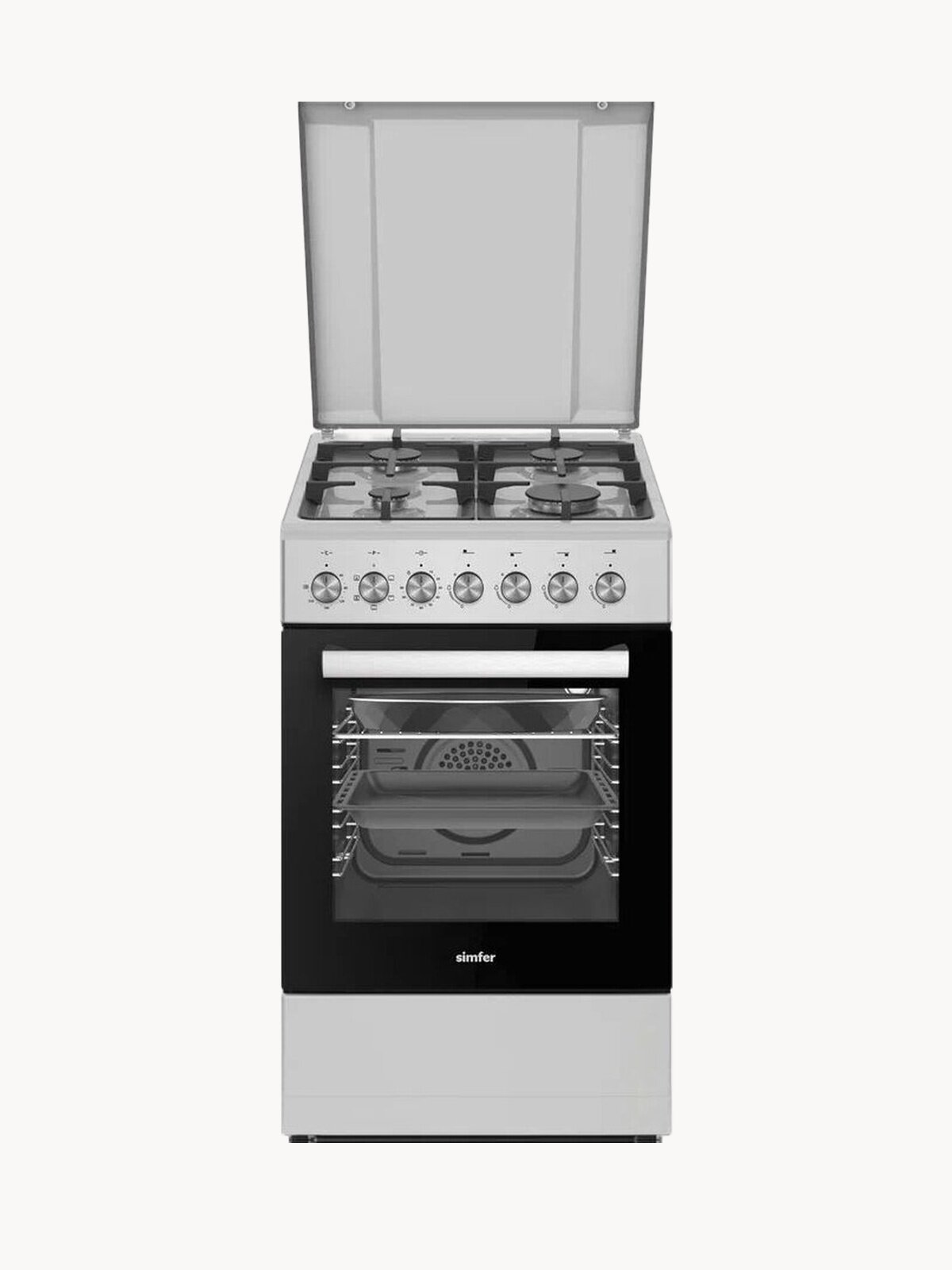 Газовая плита Simfer, 50х60см электрическая духовка, 5 режимов, конвекция, таймер, газ-контроль, автоподжиг, чугун, ящик