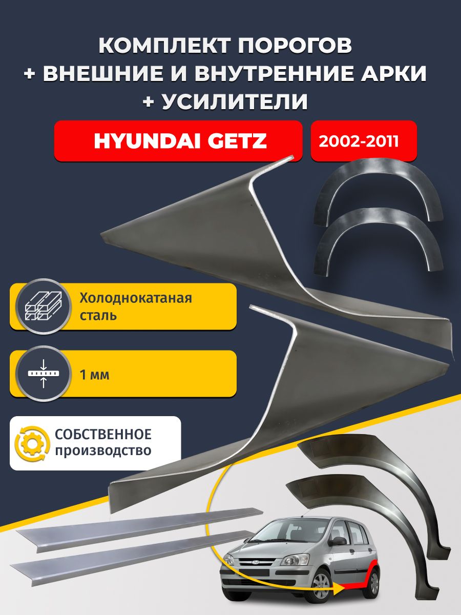 Комплект ремонтных задних внешних и внутренних арок (0,8 мм) + комплект порогов + усилители, на Hyundai Getz 1 2002-2011 хэтчбек 5 дв (Хендай Гетц 1) Холоднокатаная сталь 1 мм