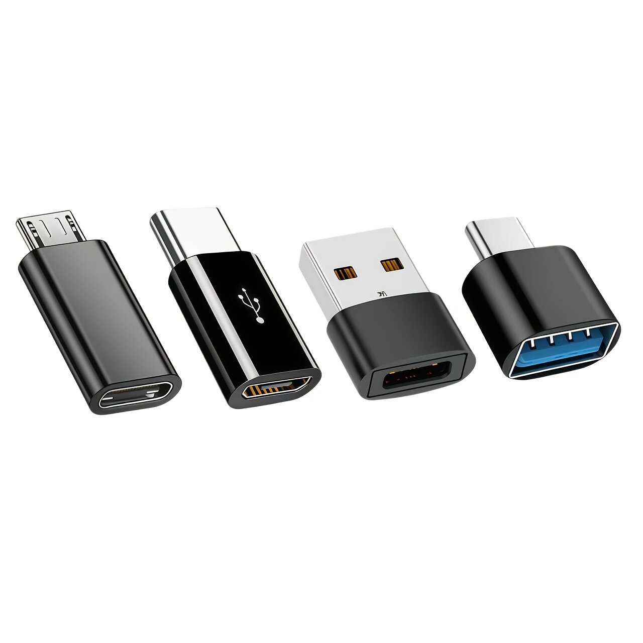 Переходник USB Type-C OTG (с Micro и Mini USB на Type-C), черный, 4 шт. для смартфонов, ноутбуков, камер, видеорегистраторов и игровых консолей