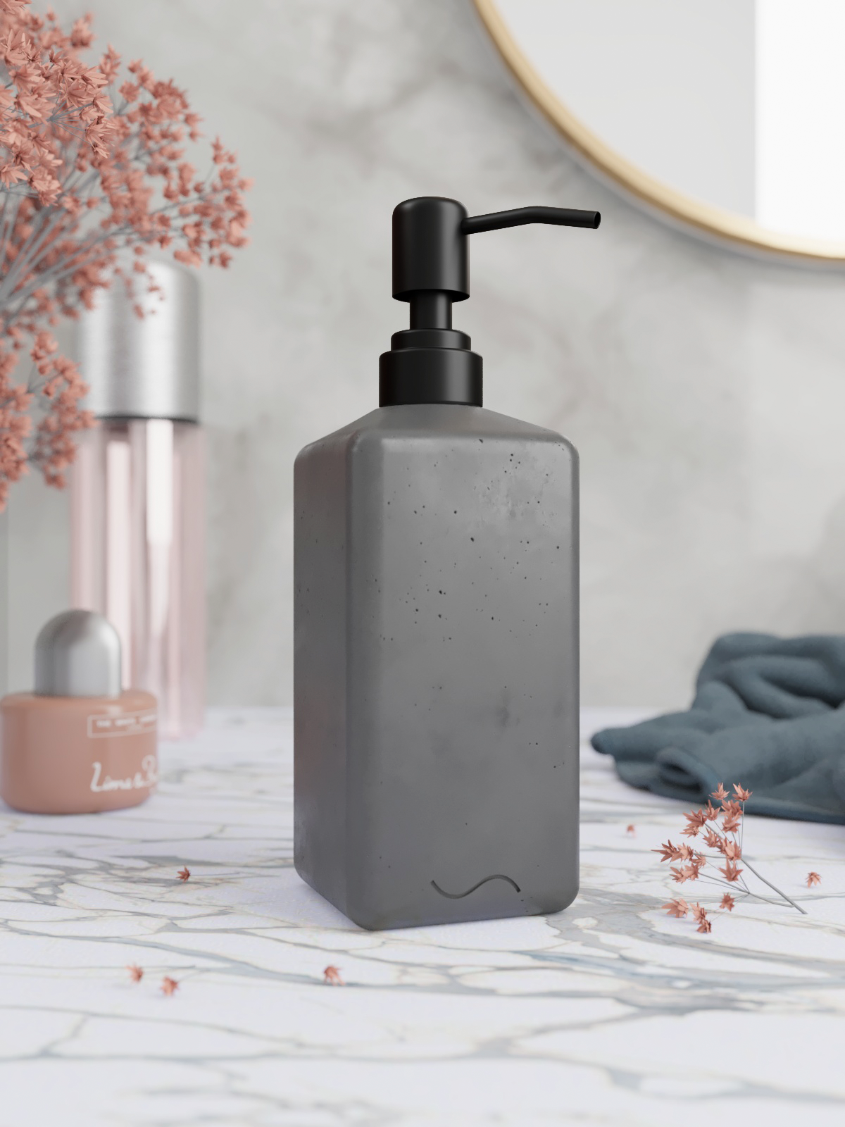 Дозатор для жидкого мыла Emily Slim с черной металлической помпой, бетон 250 мл, графитовый глянцевый