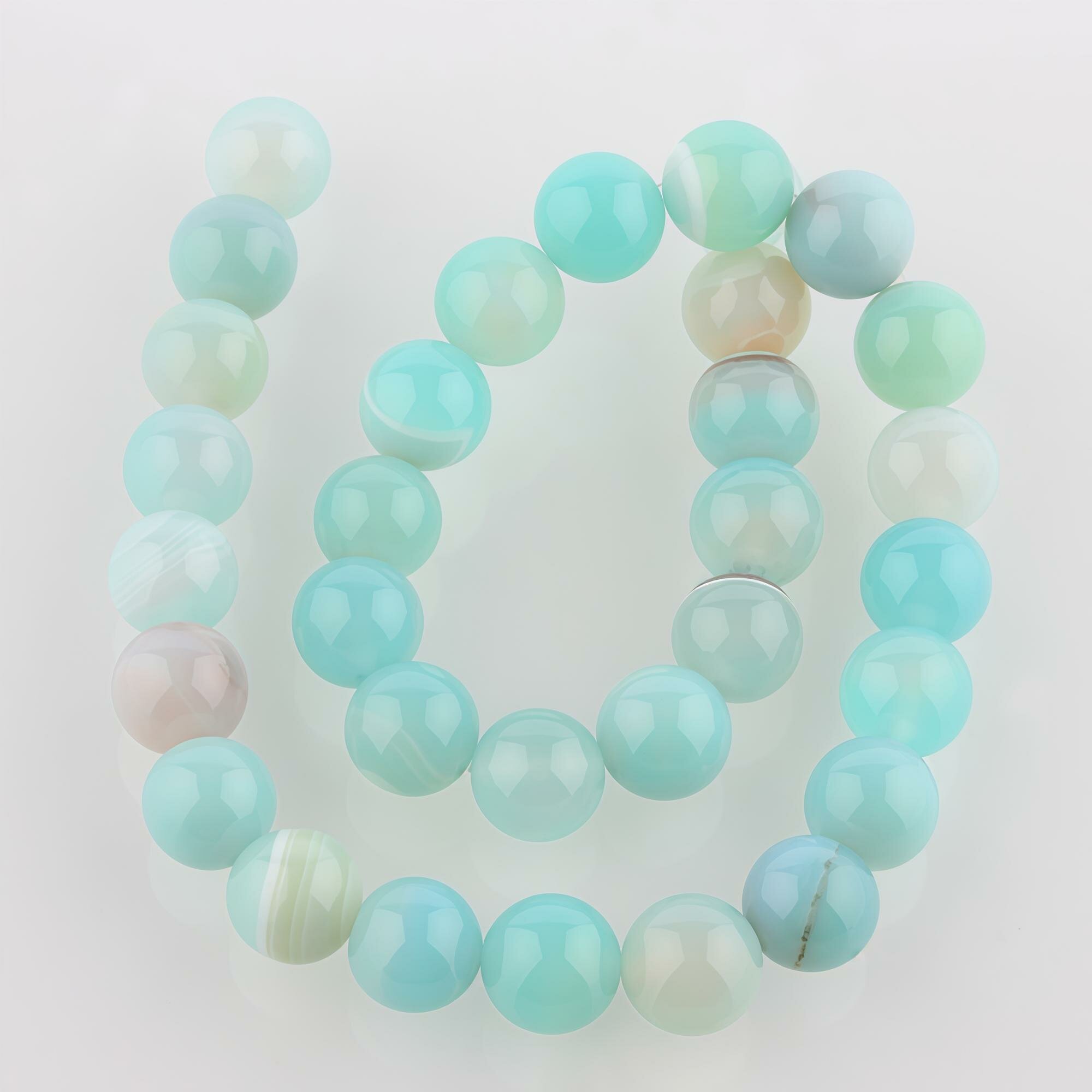 Бусины каменные, агат, полосатый, 12мм, зеленовато-голубой, 31 шт, низка