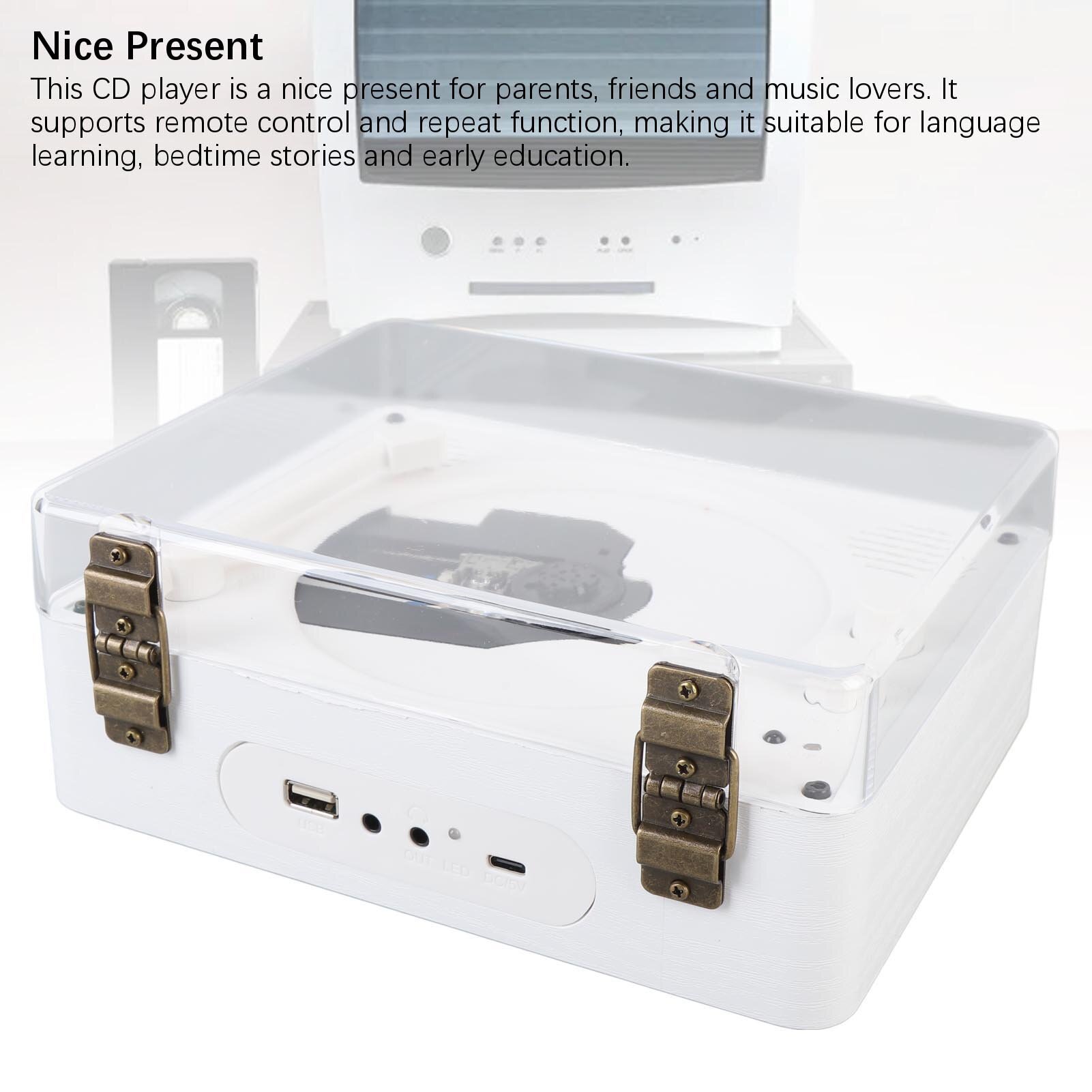 Ретро CD-плеер с Bluetooth для дома, перезаряжаемый портативный настольный CD-плеер с динамиками, пульт дистанционного управления, прозрачная крышка, белый цвет