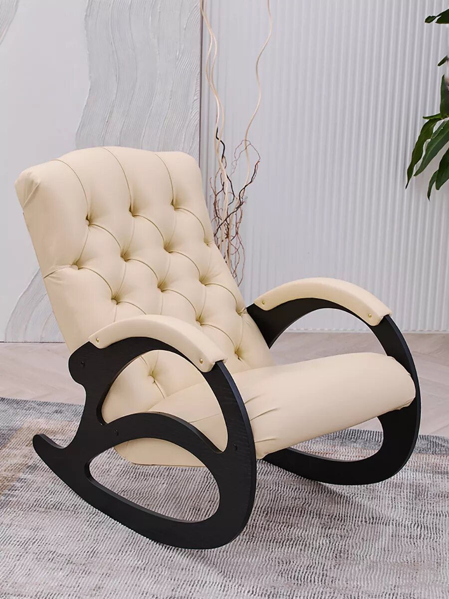 Кресло-качалка кожаное Империал каретная стяжка Крем, Венге