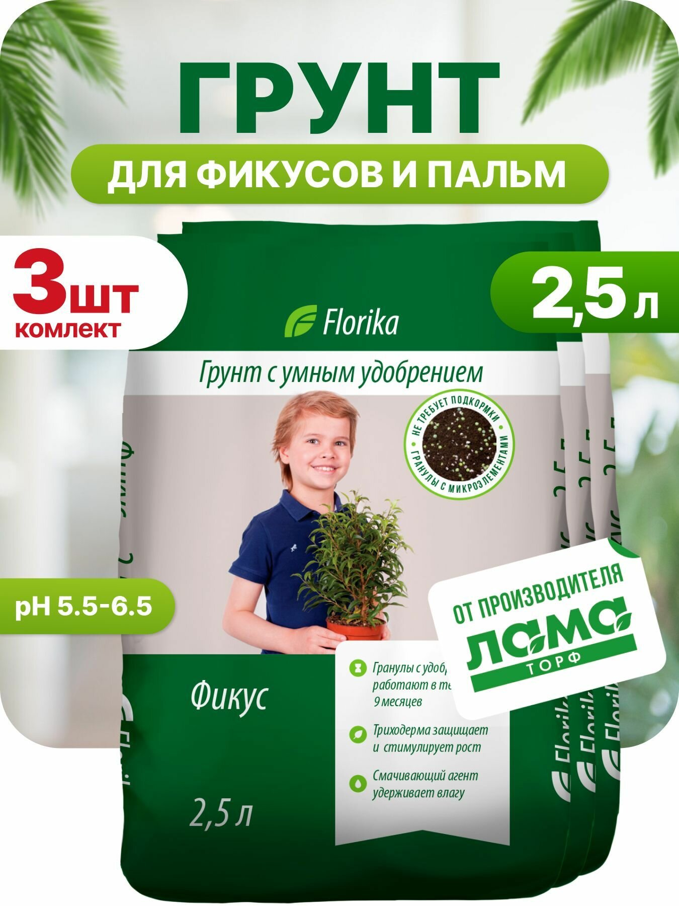 Florika/ Грунт "Фикус-Пальма" 2,5л упаковка 3 шт