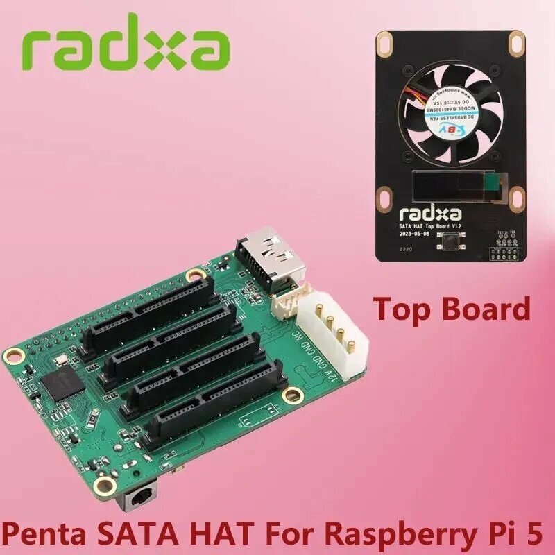 Penta SATA HAT For Raspberry Pi 5 -Up to 5x SATA disks HAT With Top Board Set И Теплового Рассеивания