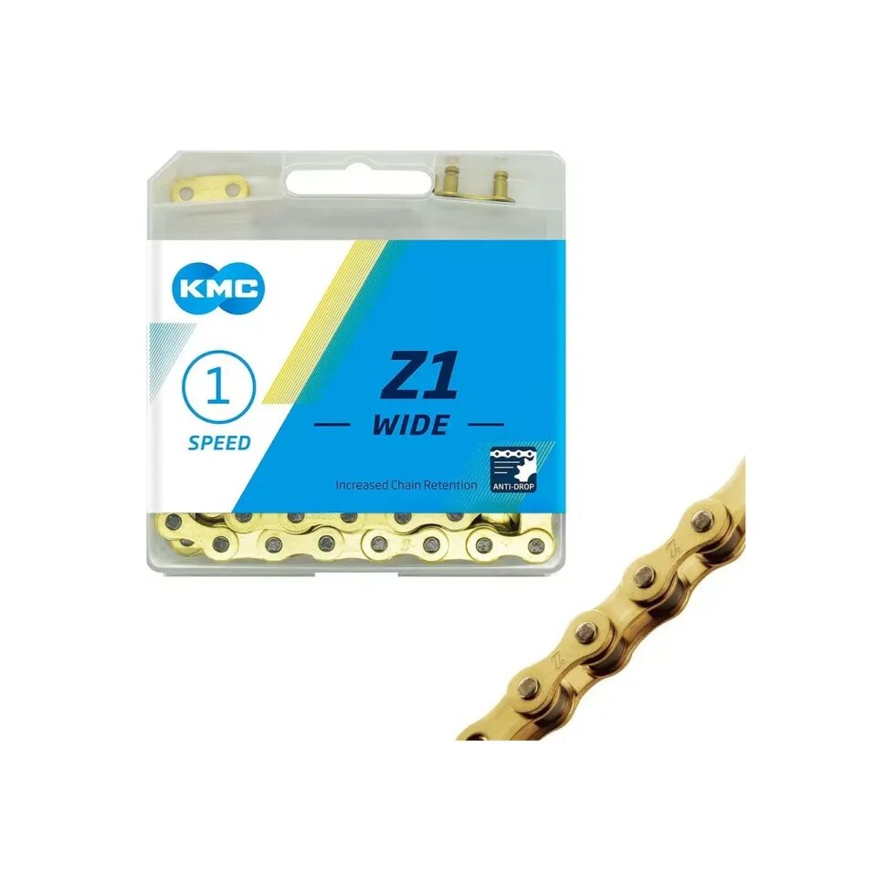 Цепь KMC Z1 Wide GOLD, для 1-ск. велосипедов, BMX, фиксеров, 112 звеньев, 1/2"x1/8", золотистая