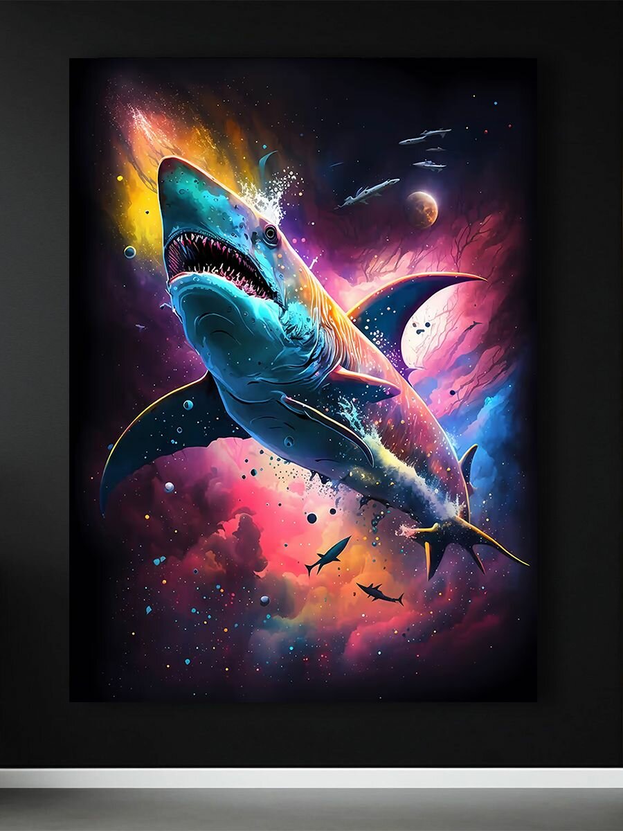 Картина интерьерная на стену вертикальная - "Море, волны, акула" , 60х80 см.