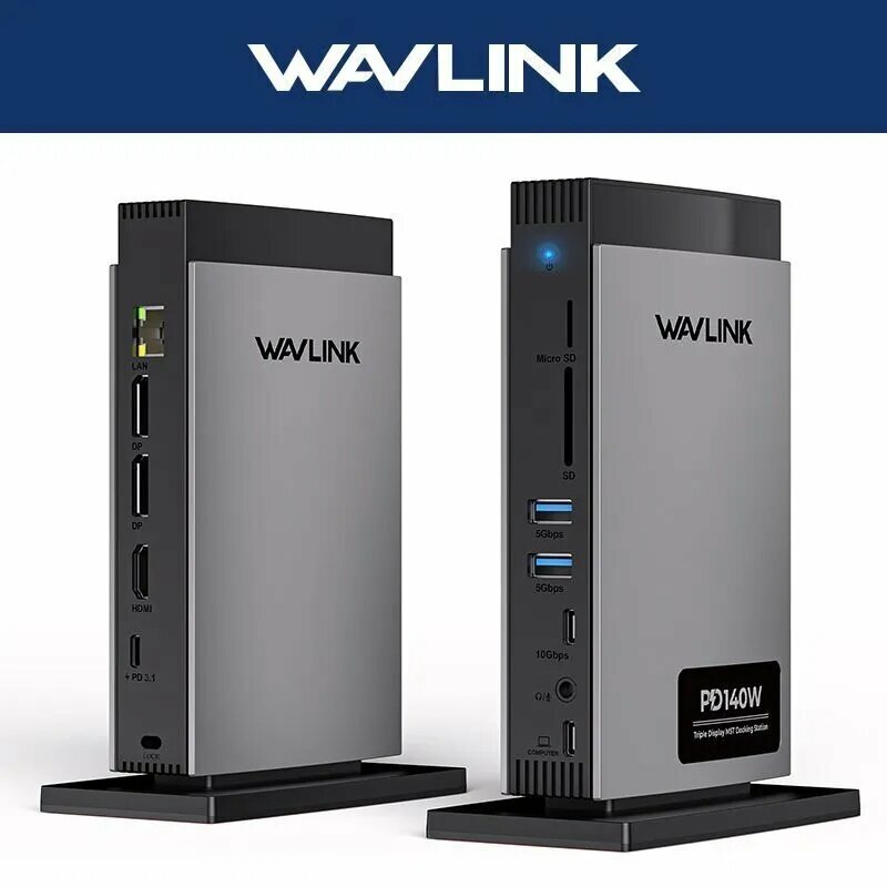Док-станция WAVLINK USB C 8K Dual Displayport + 8K HDMI, PD RJ45 мощностью 140 Вт, слот USB-C SD/TF емкостью 10 Г, Аудио/микрофон, для M1/M2/M3