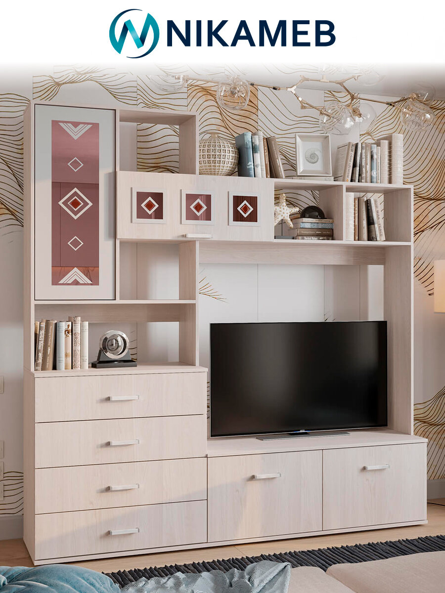 Стенка для гостиной СМ Белла, ЛДСП (ясень белый), 200х47х212 см