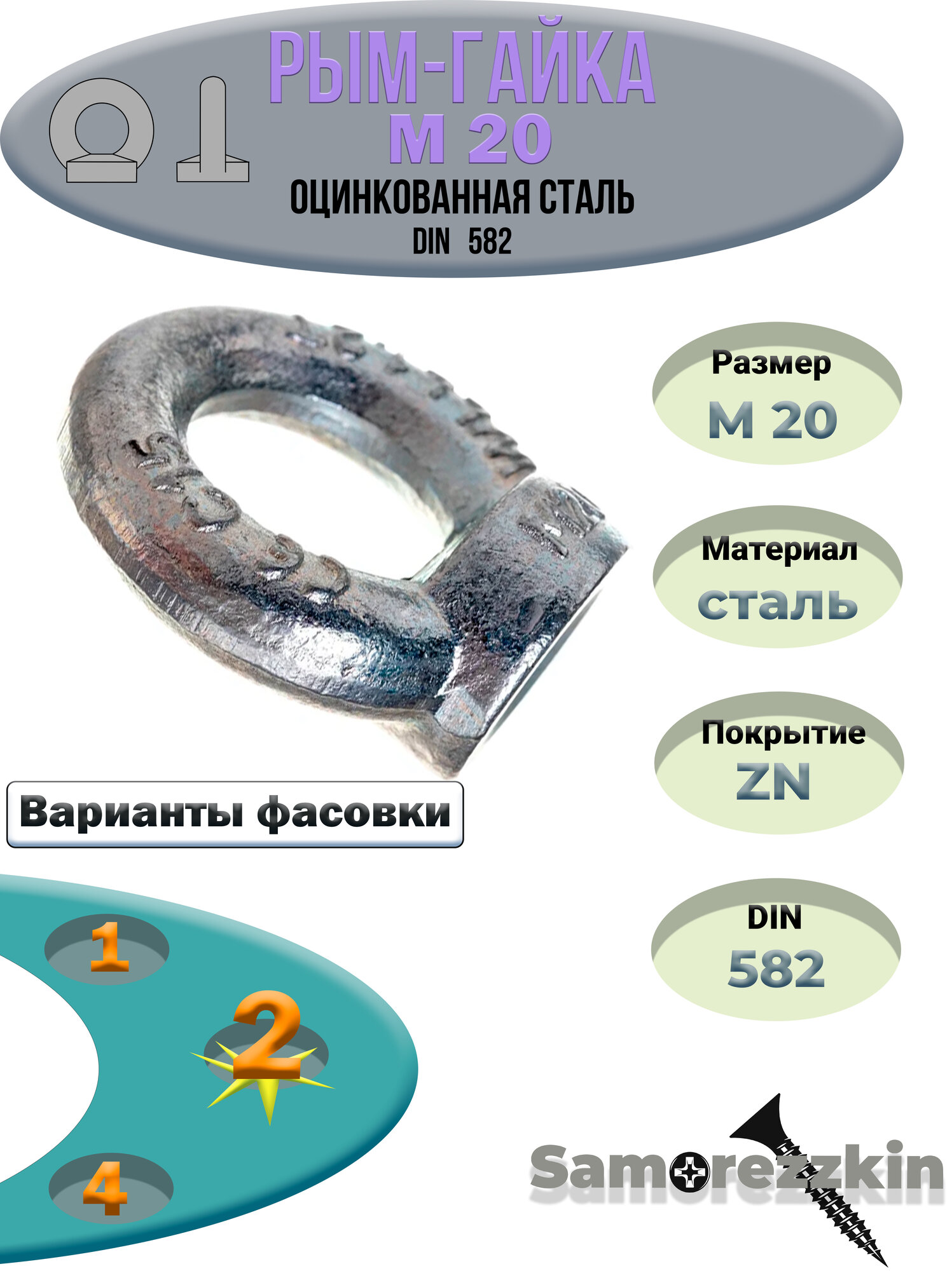 Рым-гайка M20 DIN582 оцинкованная, сталь, грузоподъёмность 1.2т