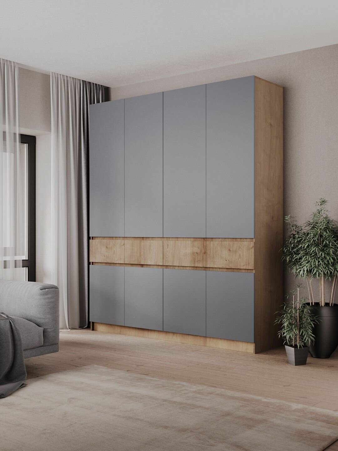 Шкаф распашной Артек(Бостон) Дуб Крафт Золотой/Графит ЛДСП, с ящиками, полками, штангой, 2000х2364х490 мебельный РАЙ