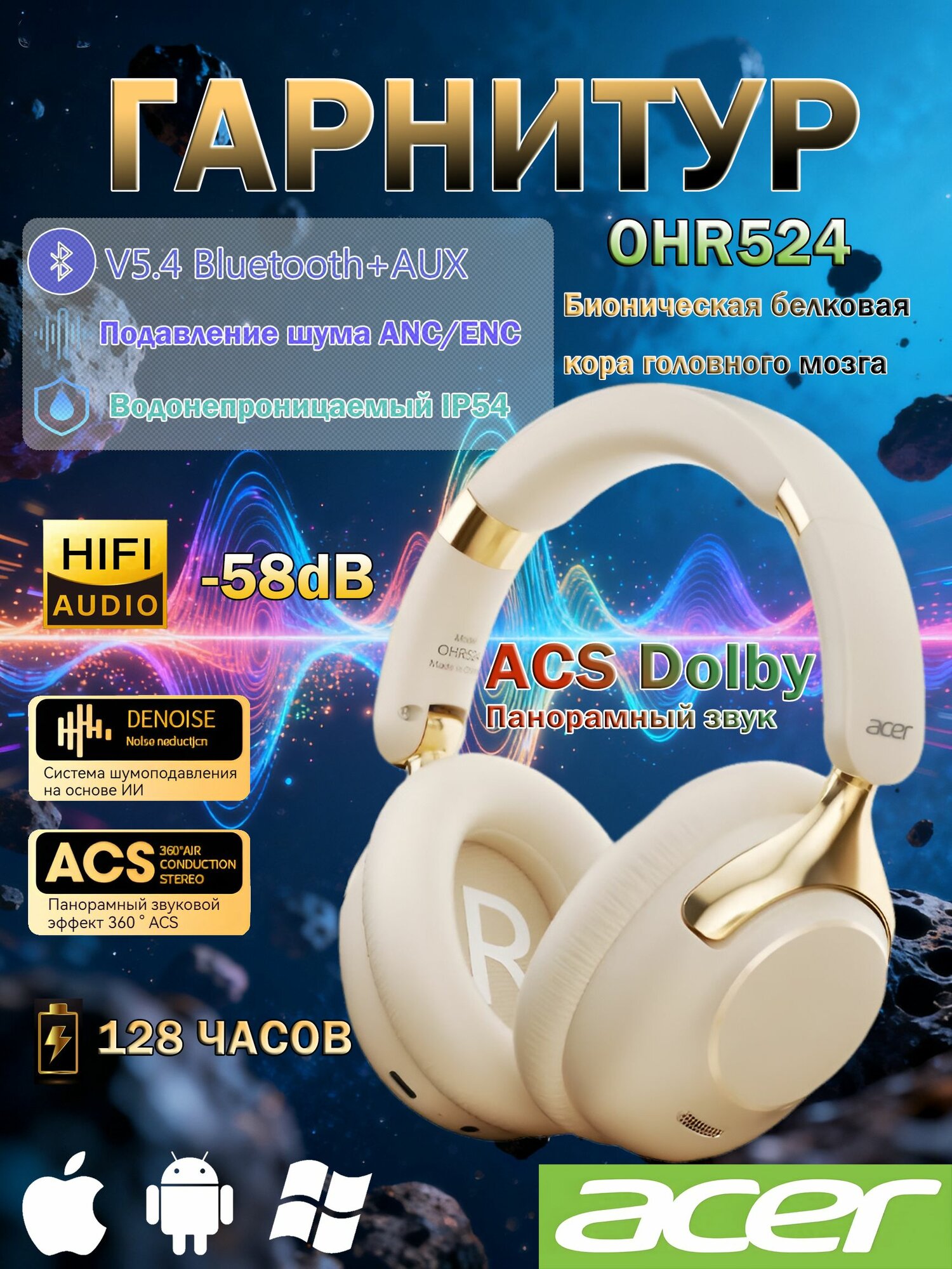 Гарнитура Acer OHR524 Bluetooth-гарнитура с активным шумоподавлением-58 дБ длительное время автономной работы - 128 часов высококачественный звук HIFI, совместимый с несколькими устройствами