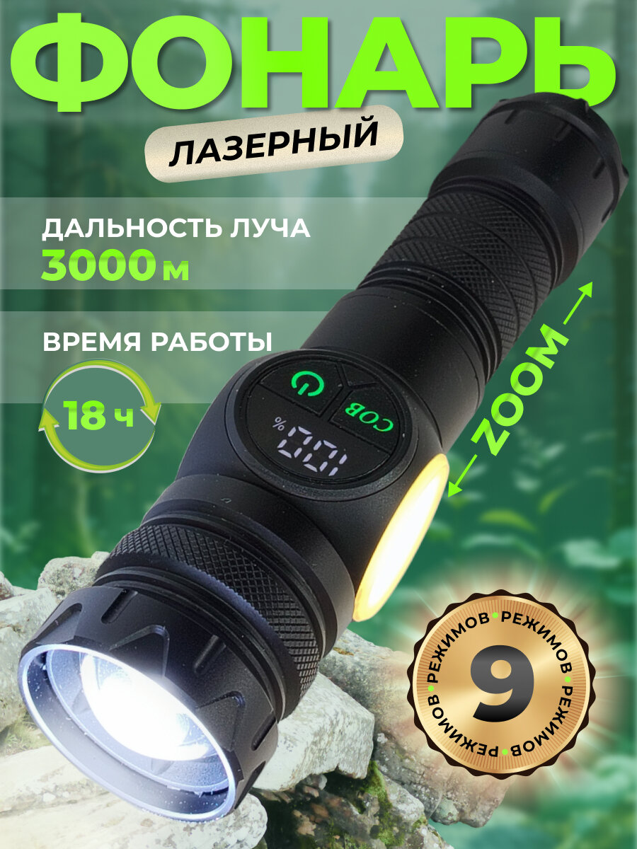 Фонарь лазерный аккумуляторный ручной для кемпинга/9 режимов/черный/зум