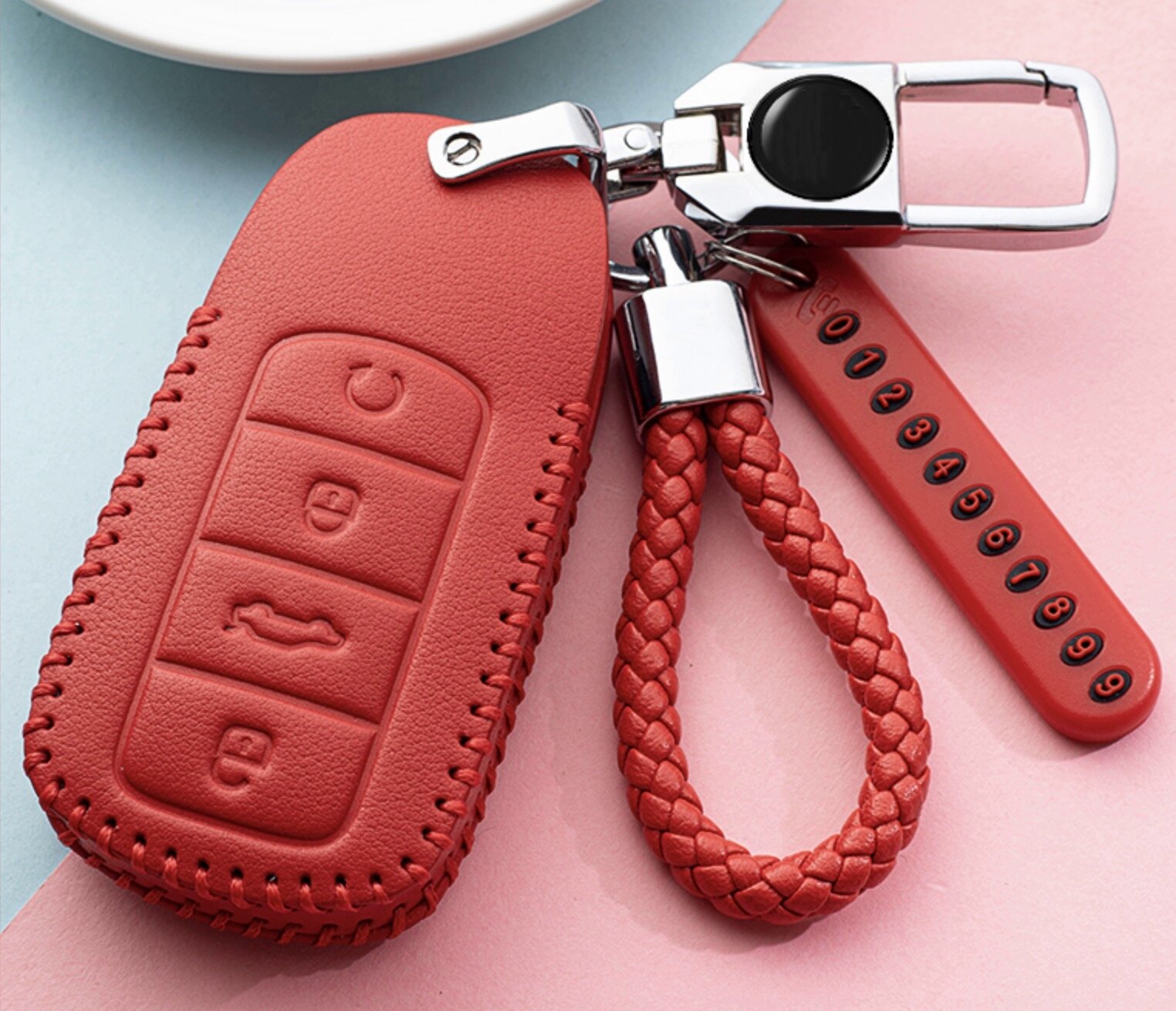Защитный красный кожаный чехол брелок MyPads M-222483 для автомобильного смарт ключа Chery Tiggo 8 PRO, Tiggo 8, Tiggo 7 PRO, Tiggo 4 Тигго чери про 2020 2021 2019 2022 года футляр из натуральной кожи