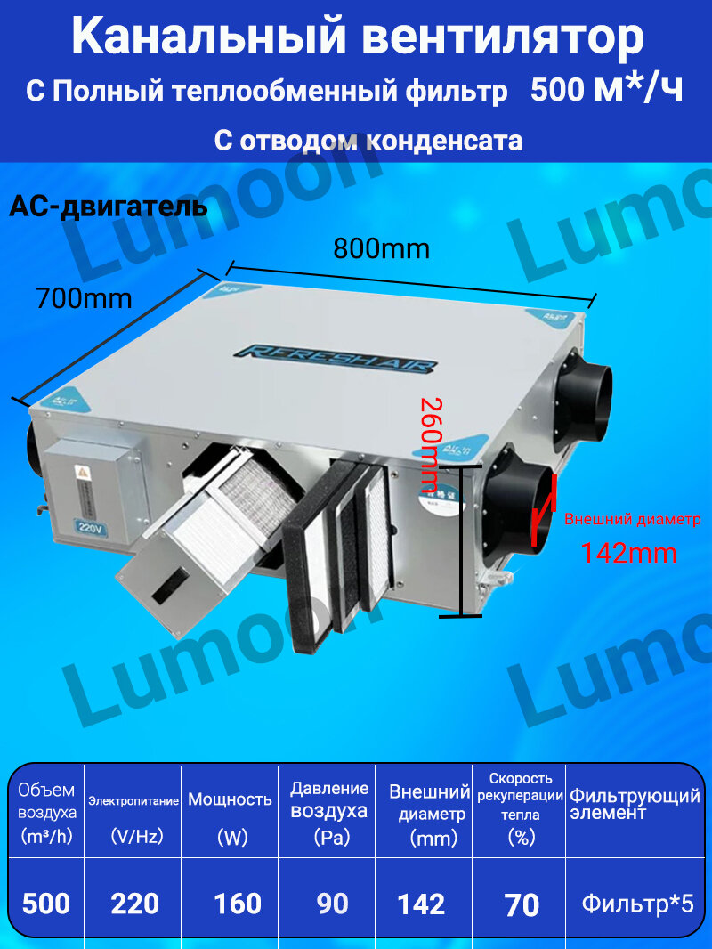 Kанальный вентилятор С полным теплообменником, объем воздуха 500 м*/ч, С отверстием для слива конденсата(фильтрующий элемент с боковым креплением), Фильтр очистки*3, Первичный *2