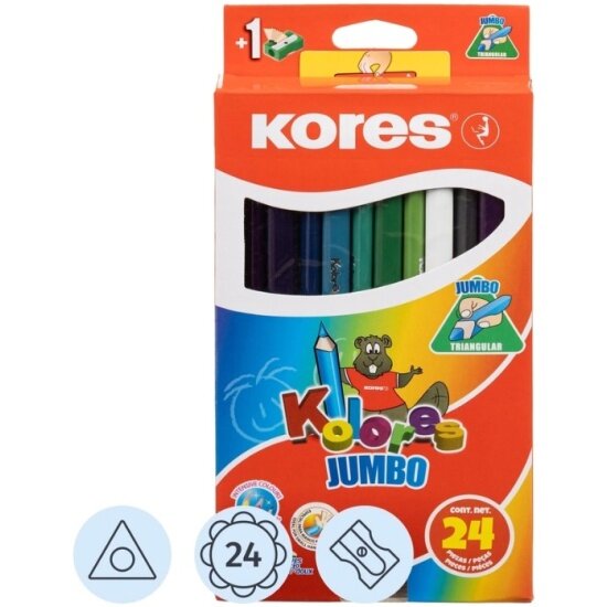 Карандаши цветные Kores 24 цв. Kolores Jumbo, трехгр, 5 мм, с точилкой, 93524 (1334938КТ)
