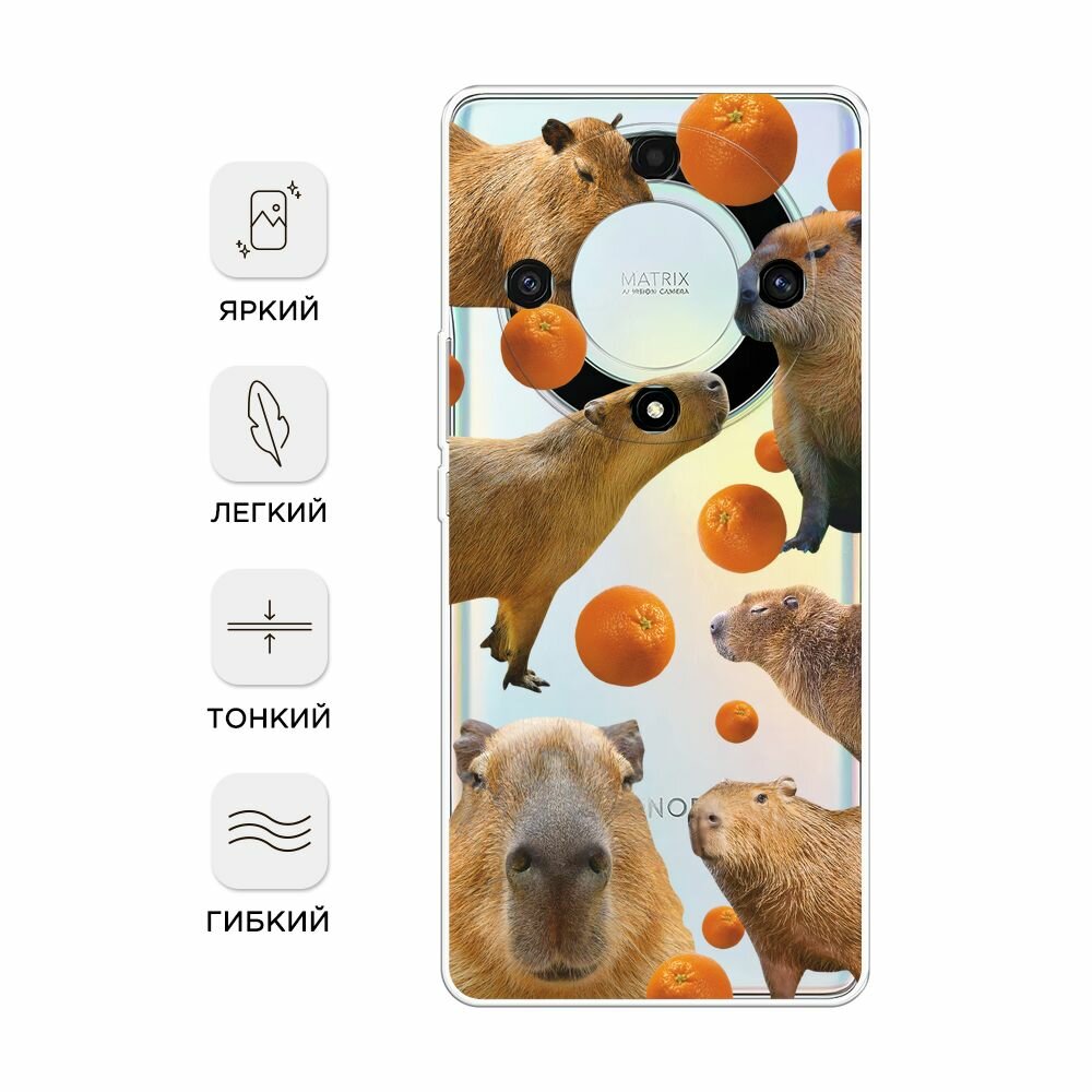 Чехол на Honor X9A / Хонор X9A с принтом "Капибара и апельсины", прозрачный — фото 1