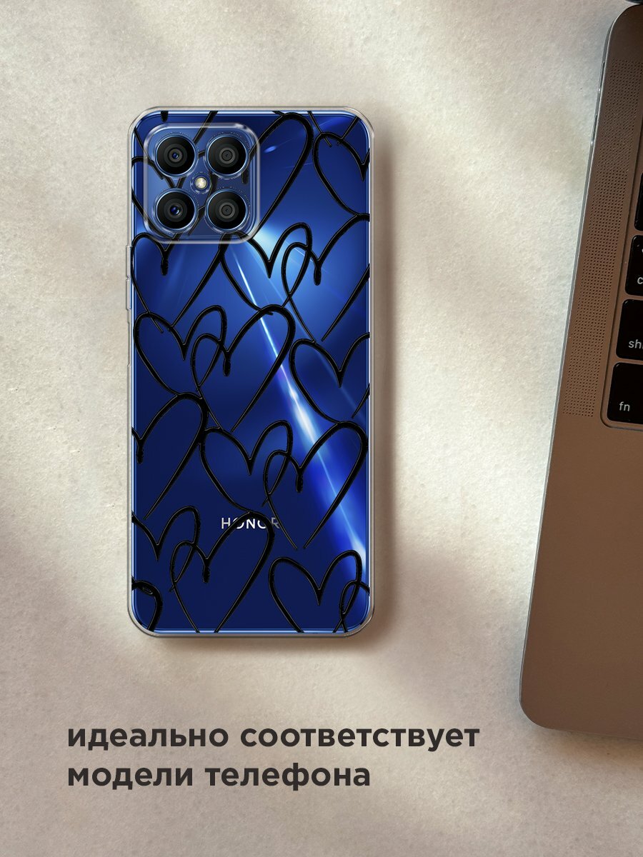 Чехол на Honor X8 / Хуавей X8 с принтом "Hearts doodle black 1" — фото 1