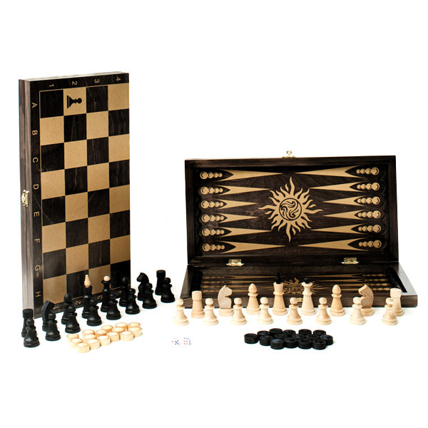 Нарды Объедовская фабрика "Игрушки" Игра 3в1 малая венге, рисунок золото с обиходными деревянными шахматами "Объедовские" (нарды, шахматы, шашки) "Классика" (400*200*40)