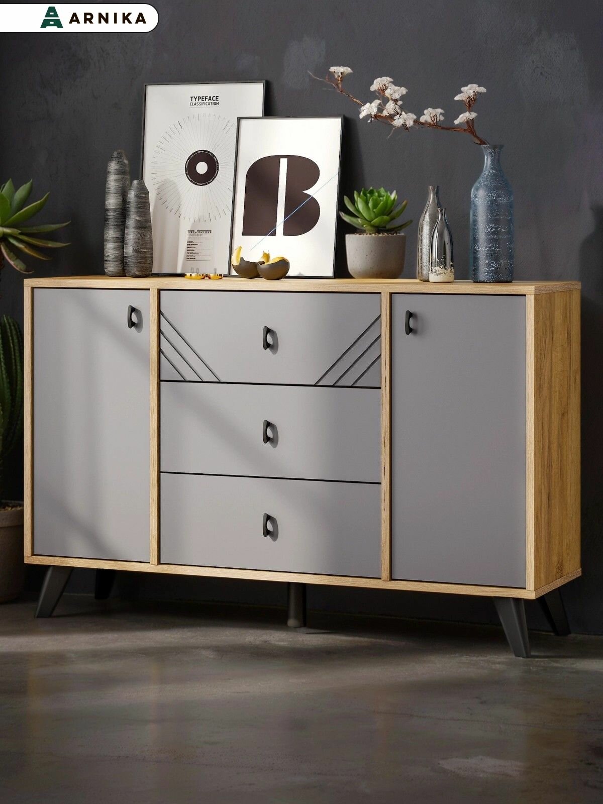 ARNIKA Комод с ящиками и полками для одежды Байкал 114х33,1х73.2 см, Дуб золотой, Графит