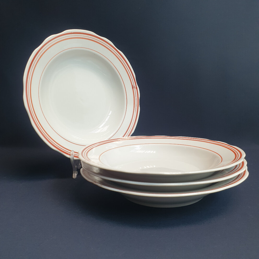 Набор из 4 суповых тарелок Дулево, фарфор деколь 23 см, винтаж Россия