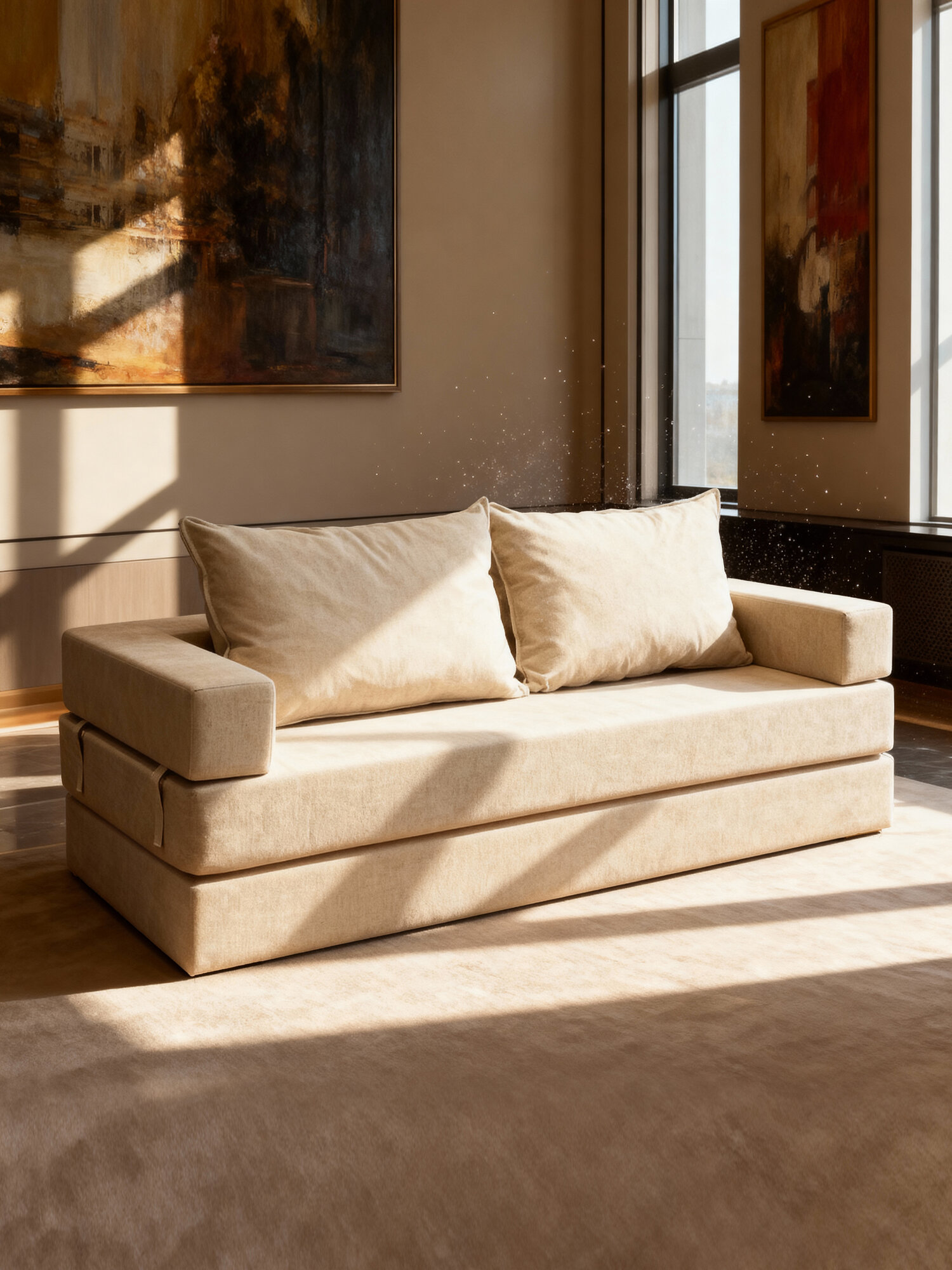 Бескаркасный диван "Брюссель-7", CityHD, бежевый велюр, спальное место 200х160, модульный