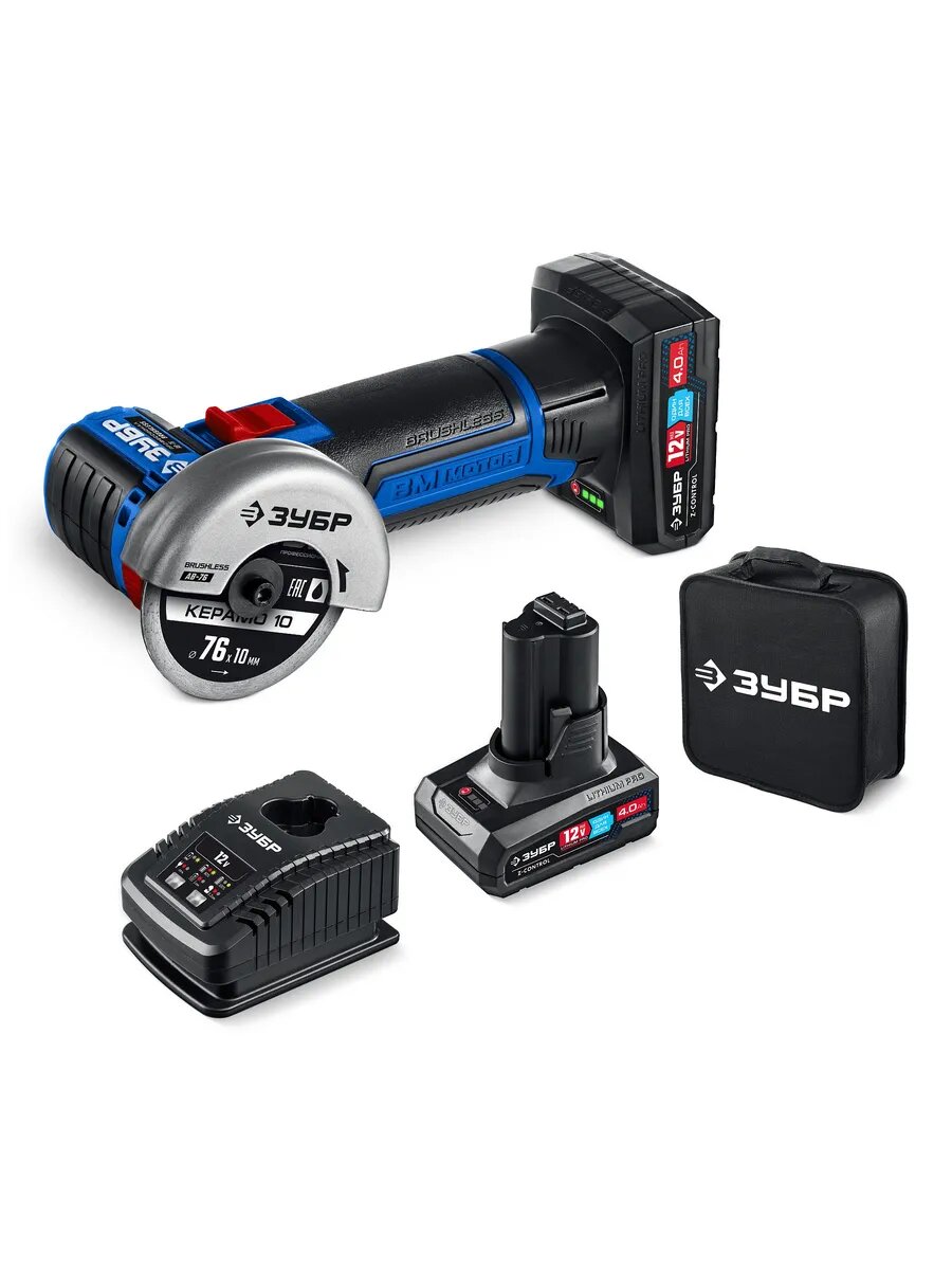 12 В, D76 мм, 2 АКБ тип Т7 (4 А·ч), бесщеточная УШМ, сумка,