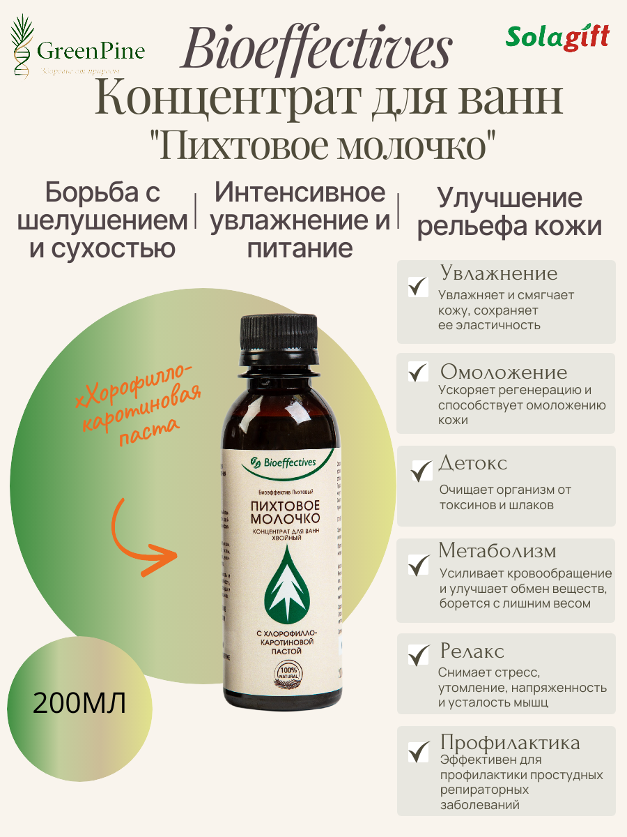 Хвойный концентрат для ванн "Пихтовое молочко" с хлорофилло-каротиновой пастой, релаксация и восстановление сил 200 мл
