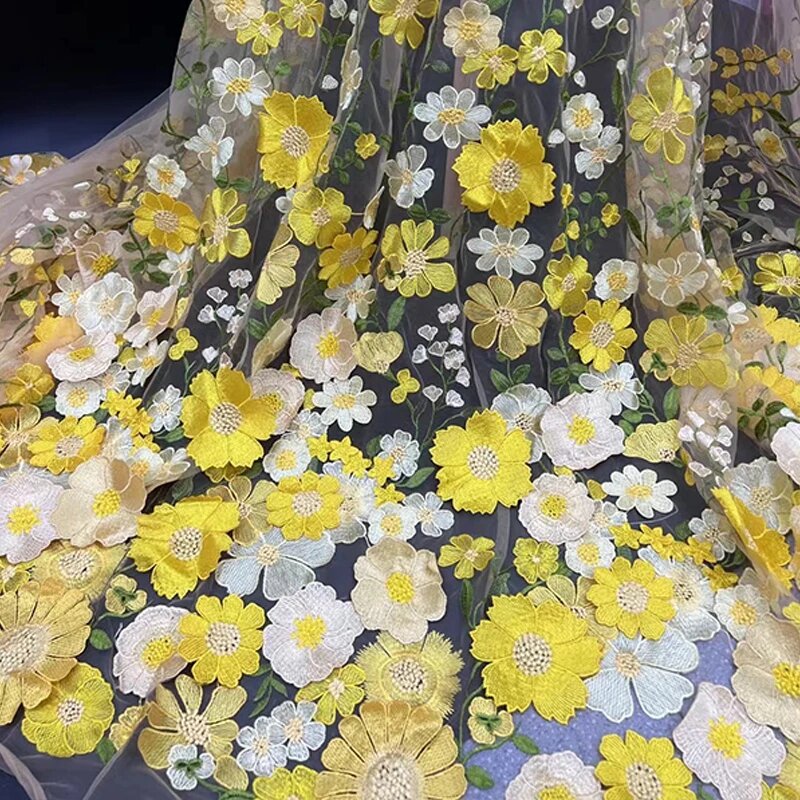 Кружевная сетчатая ткань с 3D цветочной вышивкой Светло-желтый, 7