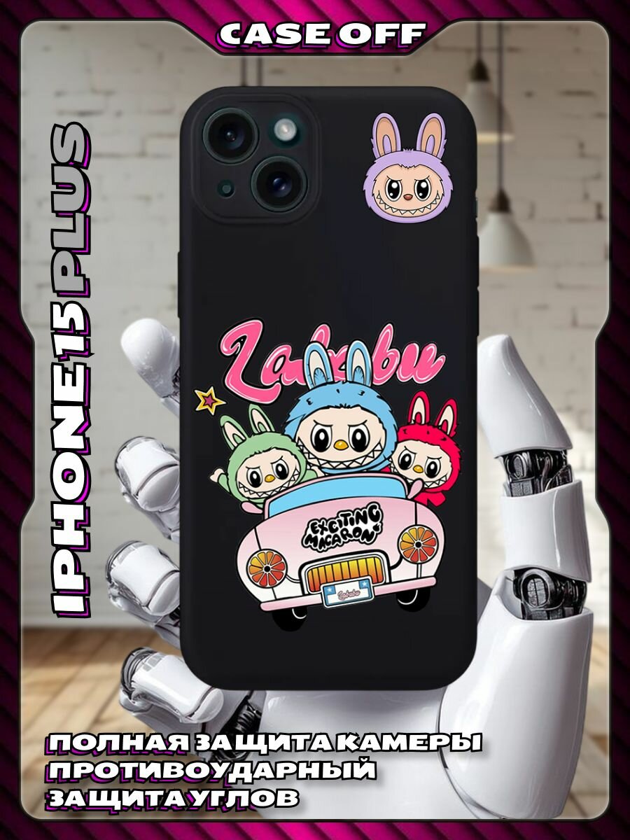 Чехол ZiART (Labubu 1 / Лабубу 1) на iPhone 15 Plus силиконовый, с защитой камеры, черный