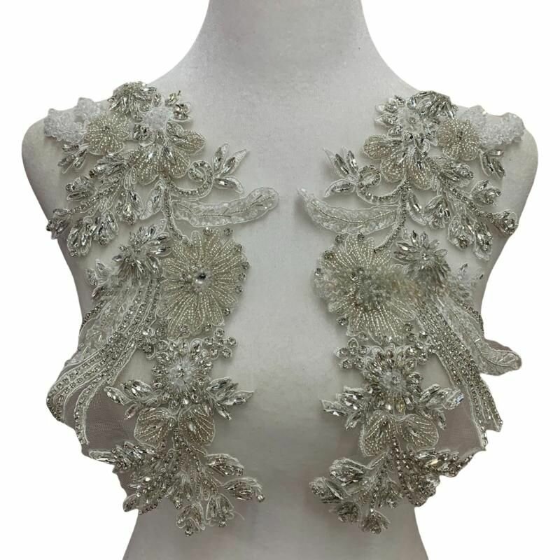 Вышитые аппликации с цветами из бисера, серебро