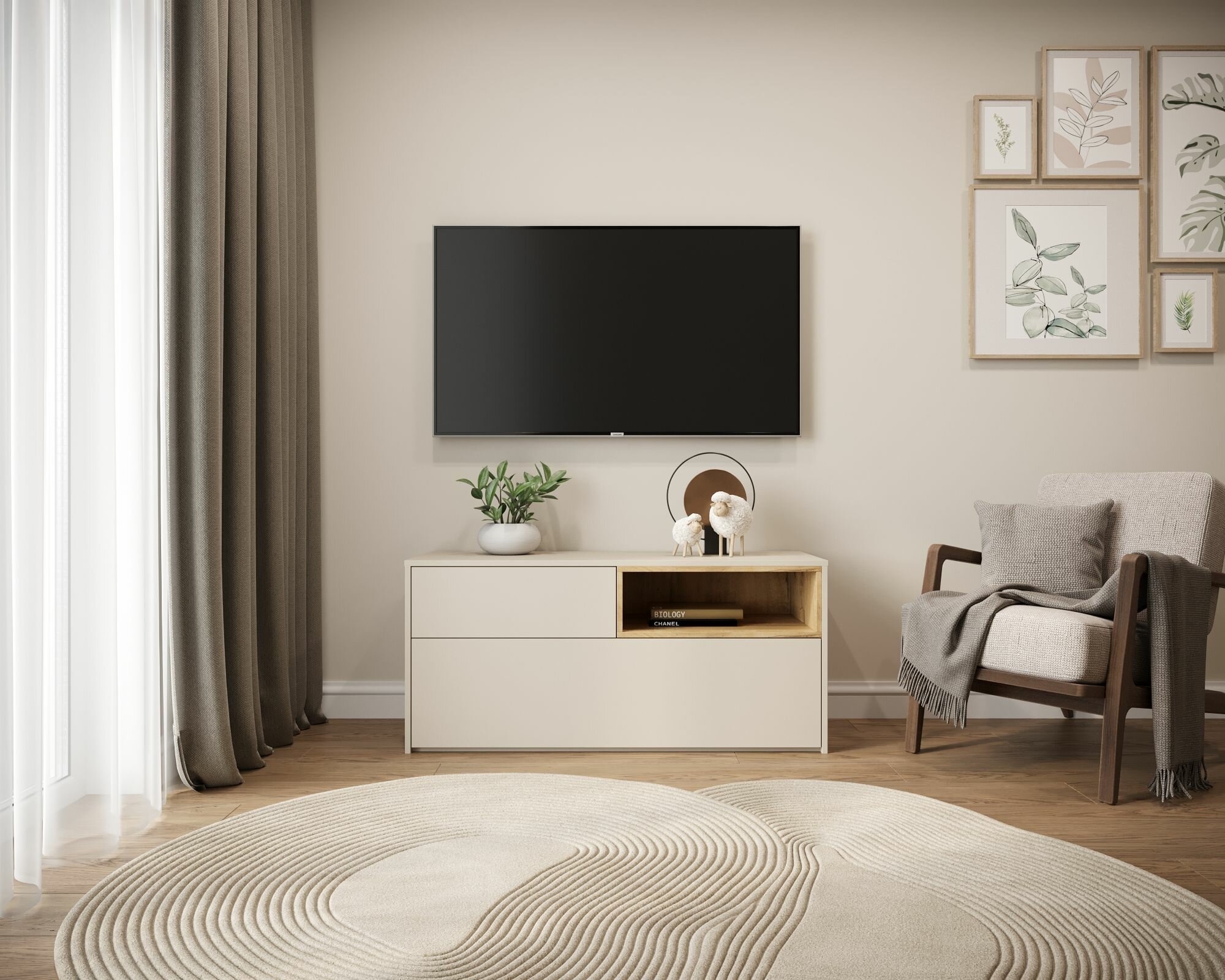 Тумба под ТВ с ящиками "Рокки" 120х55х45 Сатин / Дуб Крафт золотой