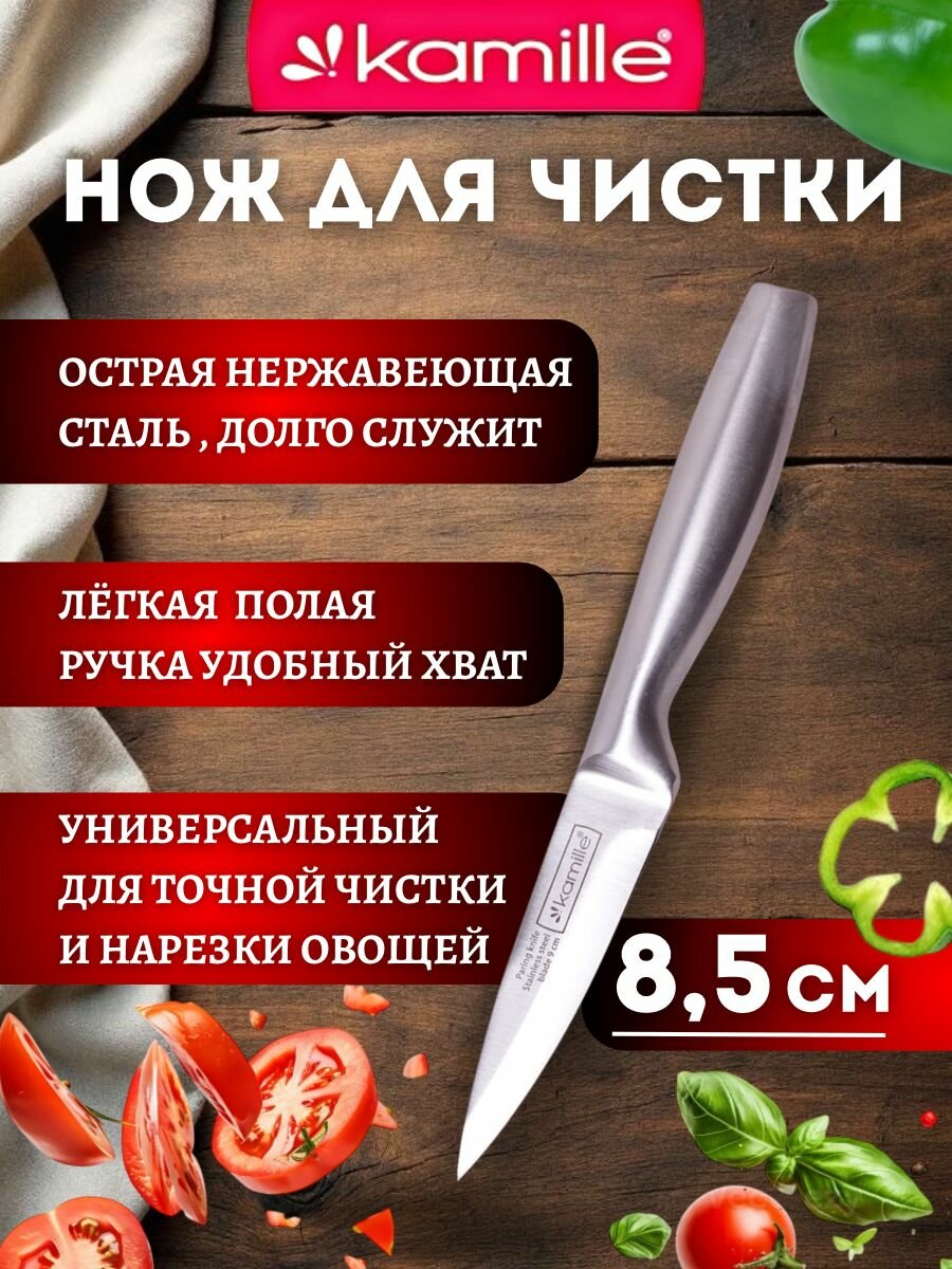 Нож для чистки овощей из нержавеющей стали с полой ручкой (лезвие 8.5см; рукоятка 11см) KAMILLE.