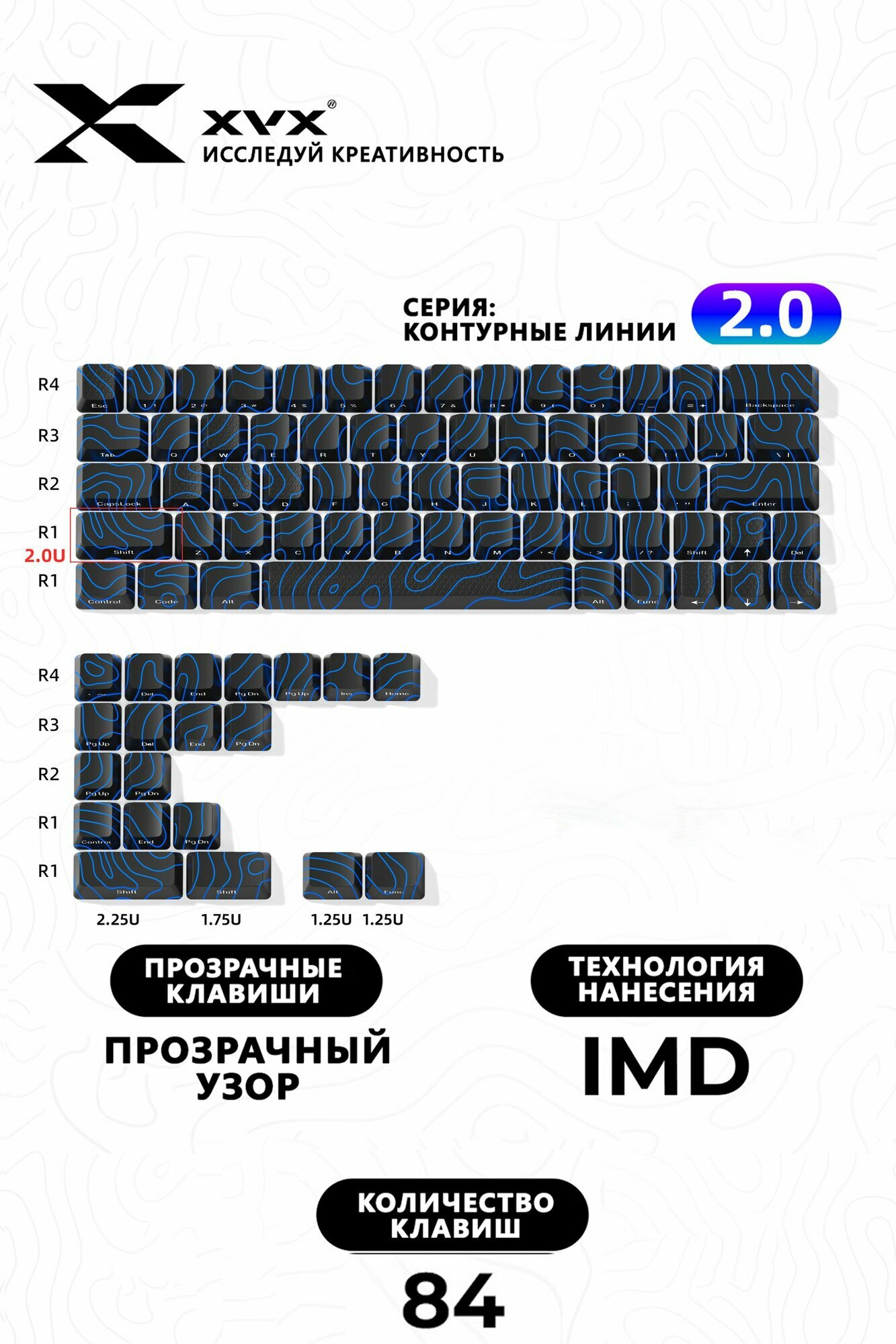 84 колпачки для клавиш, кейкапы для механической клавиатуры, OEM, контурная линия, черный, XVX keycaps imd-tech 2.0