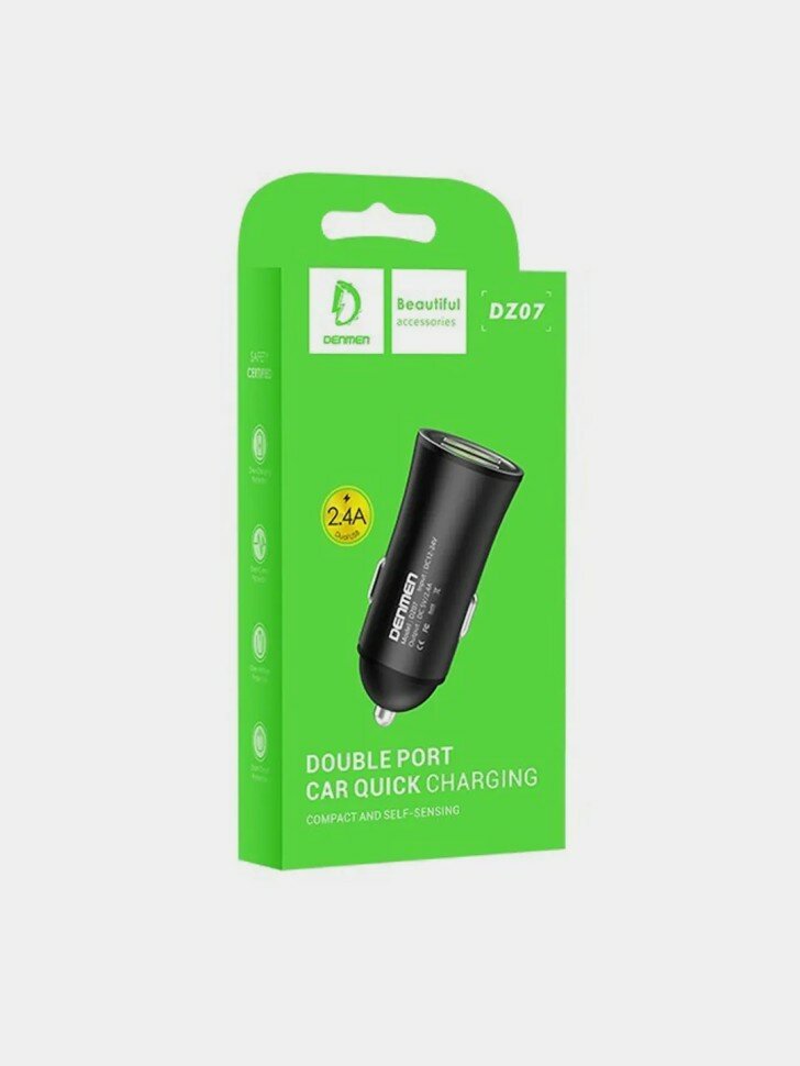 Адаптер питания автомобильный Denmen DZ07, 2.4А, 2 USB, 5V, пластик, черный, фирменная упаковка