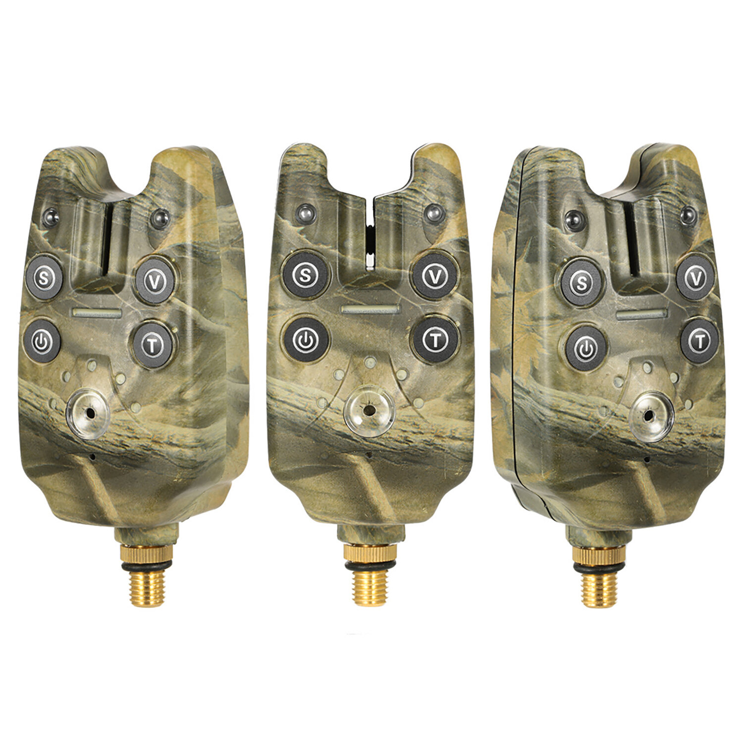 Набор рыбацких сигналов о поимке с цепью и индикатором LED, Fishing Bite Alarms Chain Alert Swinger Set, 3 сигнала, 3 свингера, черный/камуфляж, красный/синий/зеленый, ABS+Железо, Металл+Пластик, размер сигнала 9*5*4 см, длина свингера 33 см, с сумкой