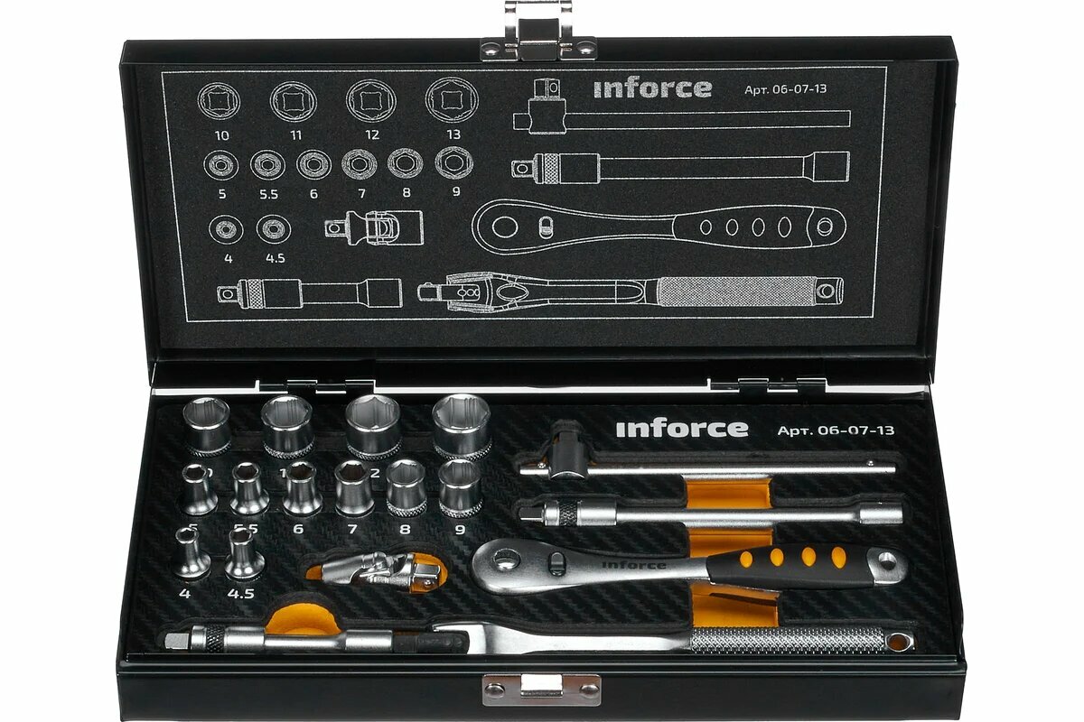 Набор инструментов для автомобиля и дома inforce 18 предмета 1/2 и 1/4 из стали CrV и S2, трещотки на 72 зубца