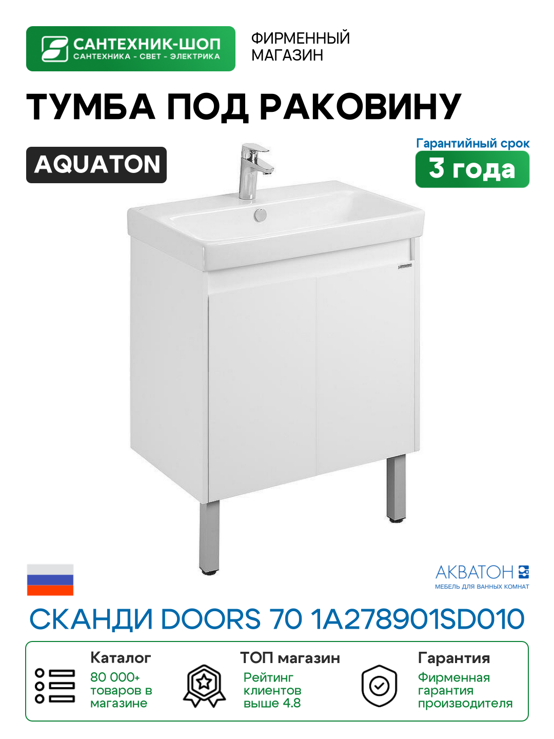 Тумба под раковину Aquaton Сканди Doors 70 1A278901SD010 Белая МДФ / ЛДСП