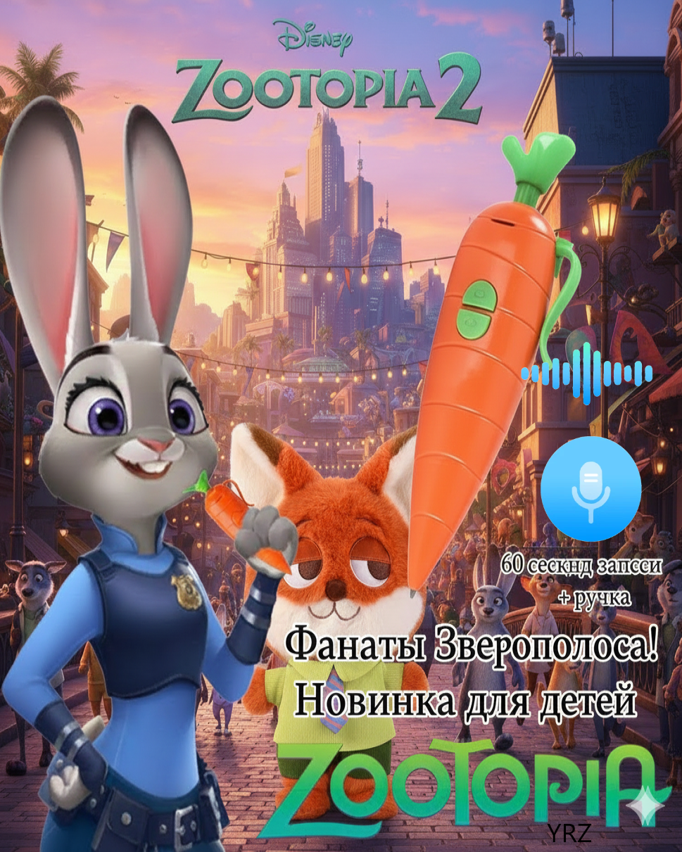 Зверополис2, диктофон в форме морковки, 6 секунд записи, шариковая ручка двойного назначения, 60 секунд записи, подарок для детей