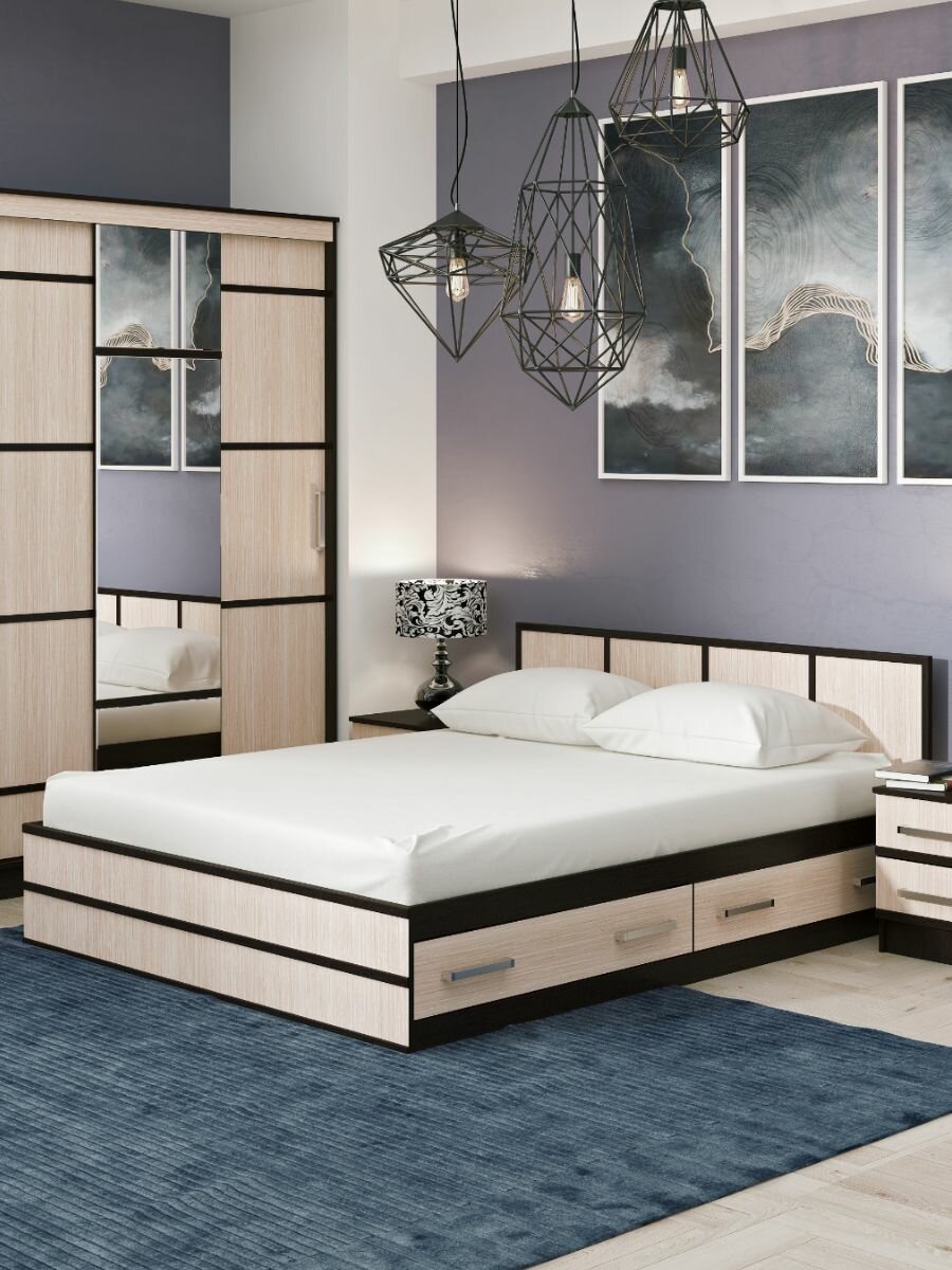 Кровать двуспальная Сакура 1,6 1730х800х2037, Дуб беленый/Венге, с выдвижными ящиками, МИФ