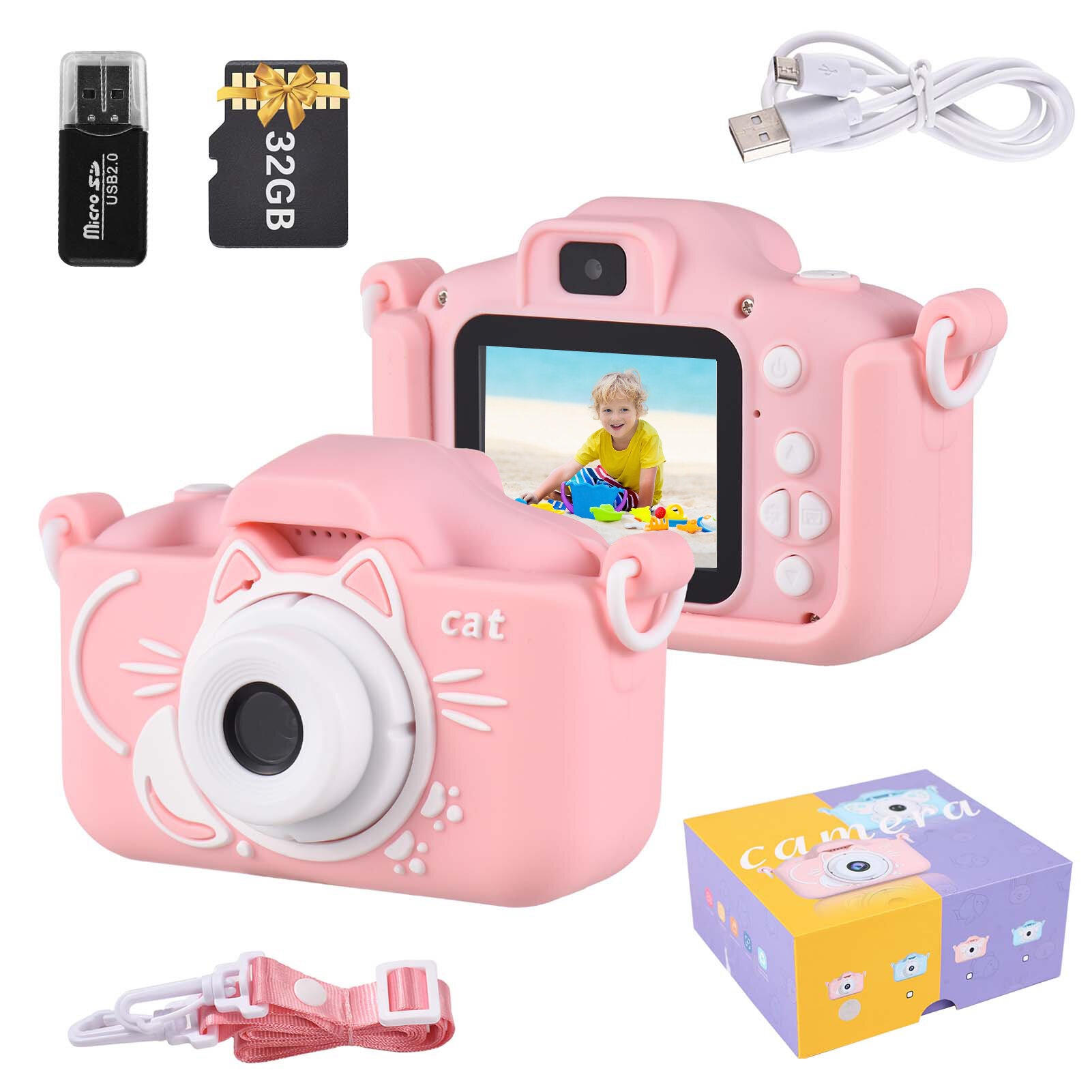 Камера для детей X8 Mini Цифровая камера 1080P Видеокамера 20MP Двойная линза 2.0 дюйма IPS экран Встроенная батарея 32GB Карта памяти USB Кардридер Шея Розовый Синий 9*6.2*5см 95г