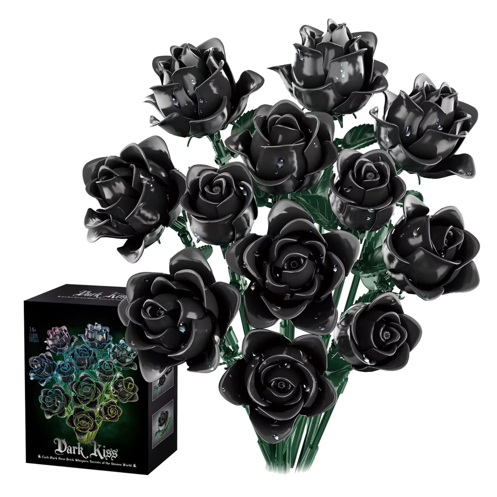 Детский строительный набор имитация букет/11009 черные розы (585 деталей), черный цвет, размер 263мм длина 263мм ширина 263мм высота, материал высококачественный строительный блок, для возраста 14 лет и старше