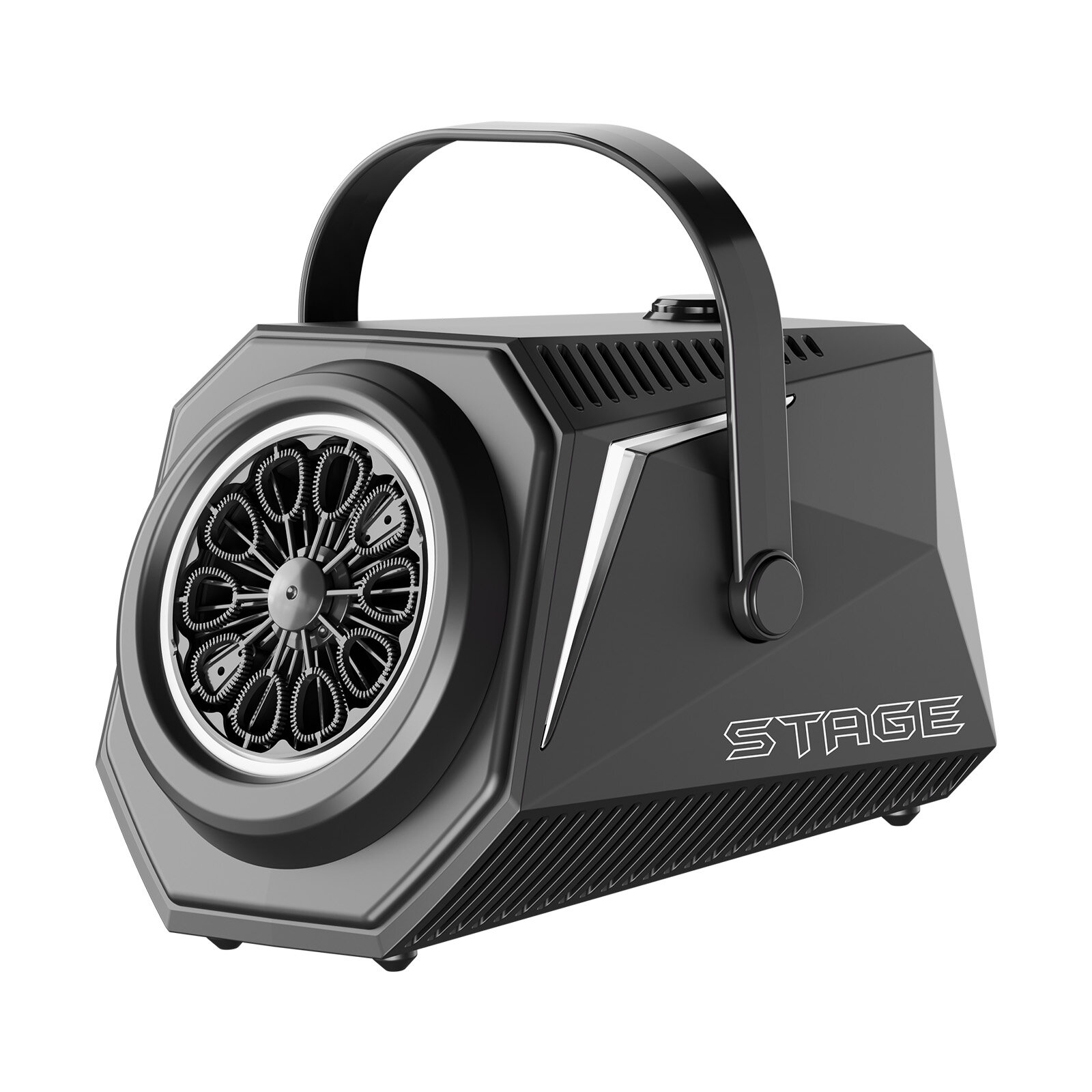 10 Hole Bubble Machine with Lamp Portable Bubble Maker Black White 21*13*13cm One-click Start Electric Bubble Blower Machine with Handle Powered by 4*AA Batteries for Birthday Outdoor Wedding Christmas Party Stage