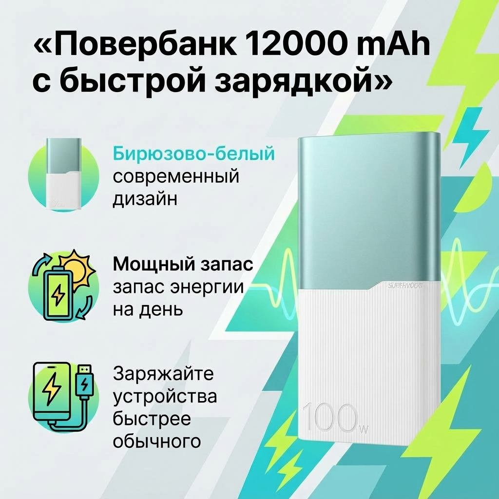 Внешний аккумулятор на 12000 mAh / Powerbank (Повербанк) 100W / Портативный. аккумулятор с быстрой зарядкой