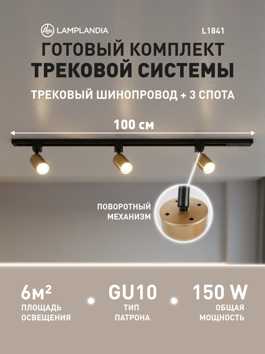 Комплект трековых светильников Lamplandia L1841 TRACK BLACK + GOLD PAINTED 100, GU10*3 макс 50Вт
