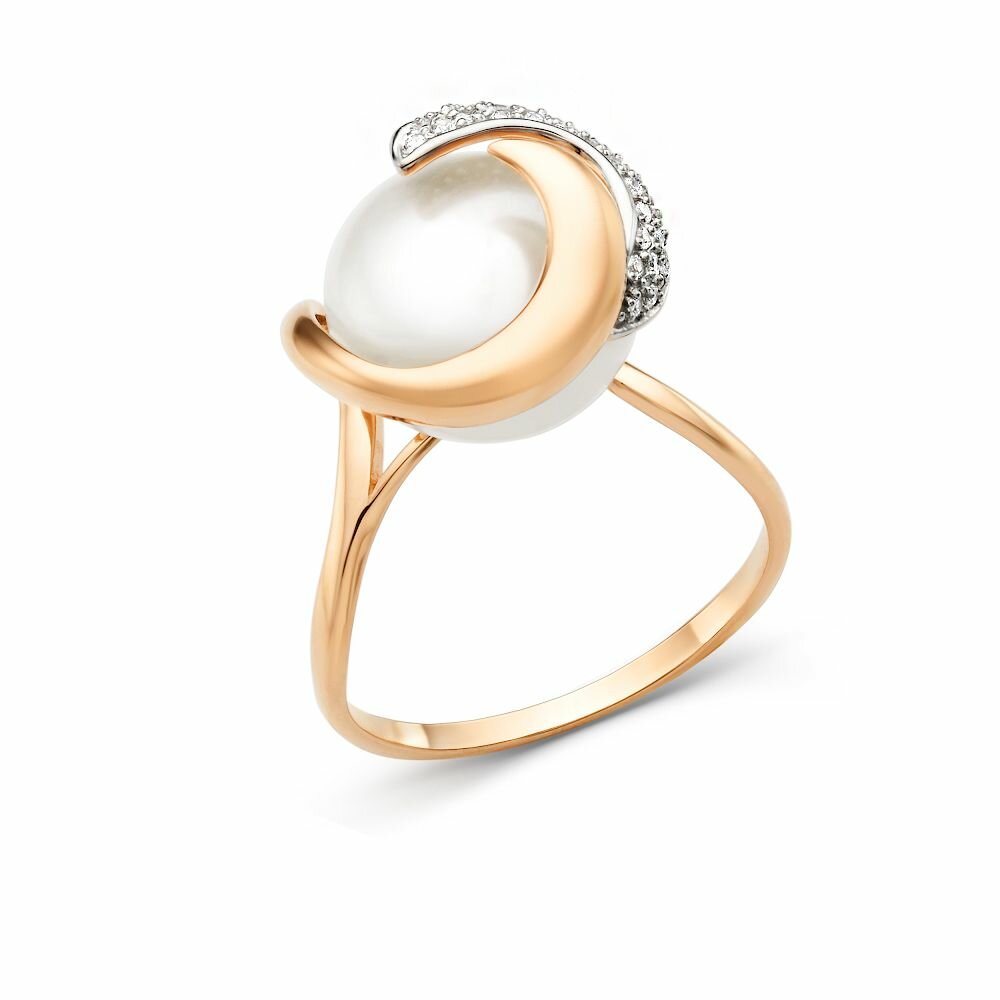 Перстень, красное золото, 585 проба, фианит, жемчуг