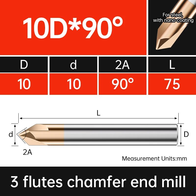 Weitol HRC60 3-зубая фреза для снятия фаски 90 градусов Фреза с ЧПУ Гравировальный инструмент с ЧПУ Твердосплавная концевая фреза для снятия фаски 10d 90DEG 10D 75L 3T