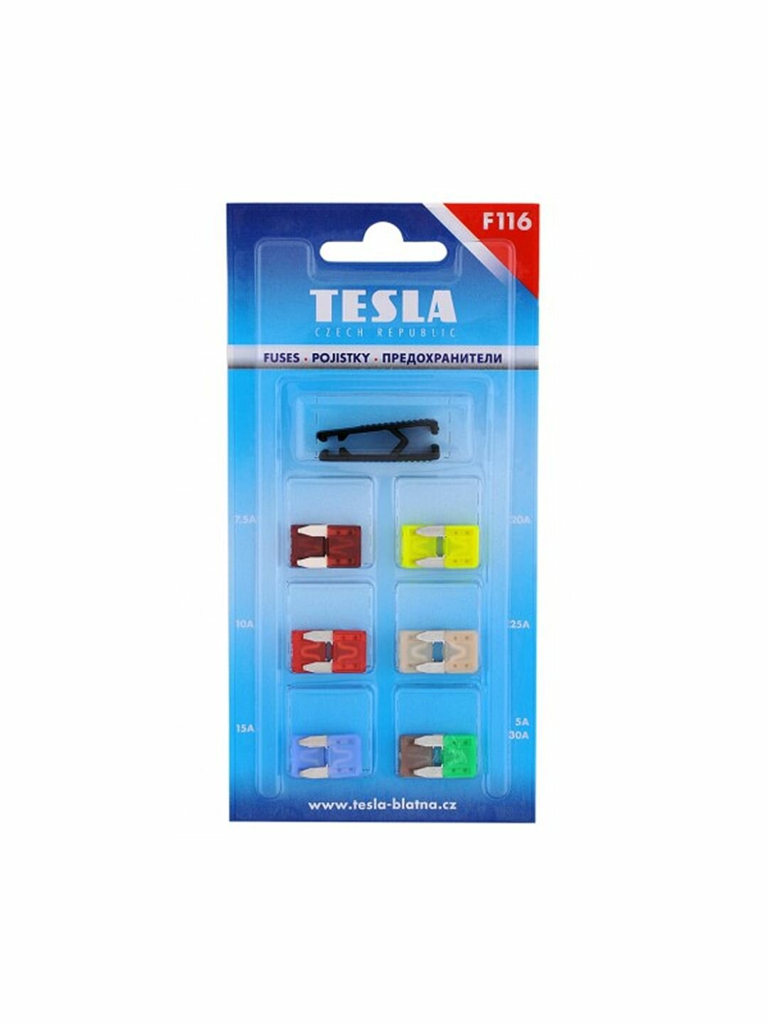 Набор предохранителей TESLA MINI 12 шт. + щипцы: 5A-1, 7.5A-2, 10A-2, 15A-2, 20A-2, 25A-2, 30A-1
