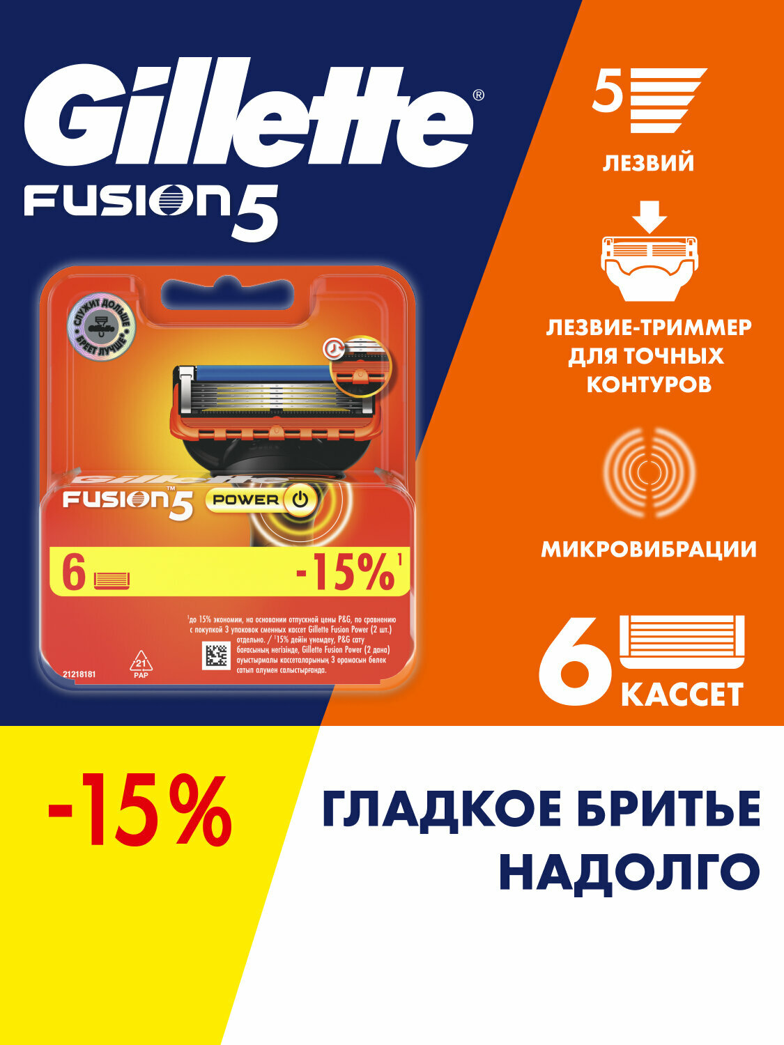 Cменные кассеты Gillette Fusion5 Power для мужской бритвы, 6 шт, с 5 лезвиями, с точным триммером для труднодоступных мест, для гладкого бритья надолго