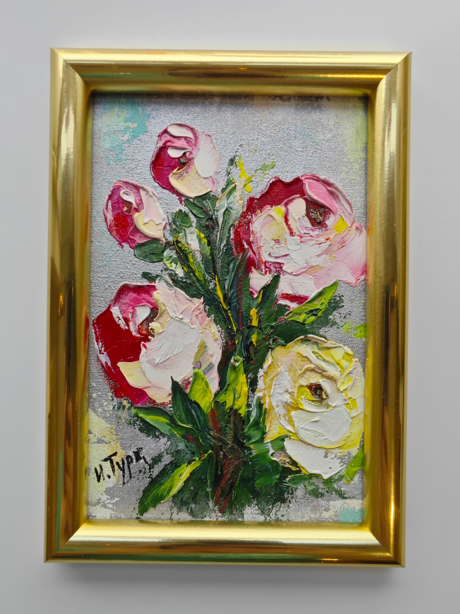 Мини картина маслом на холсте 10х15см "Вам букет"